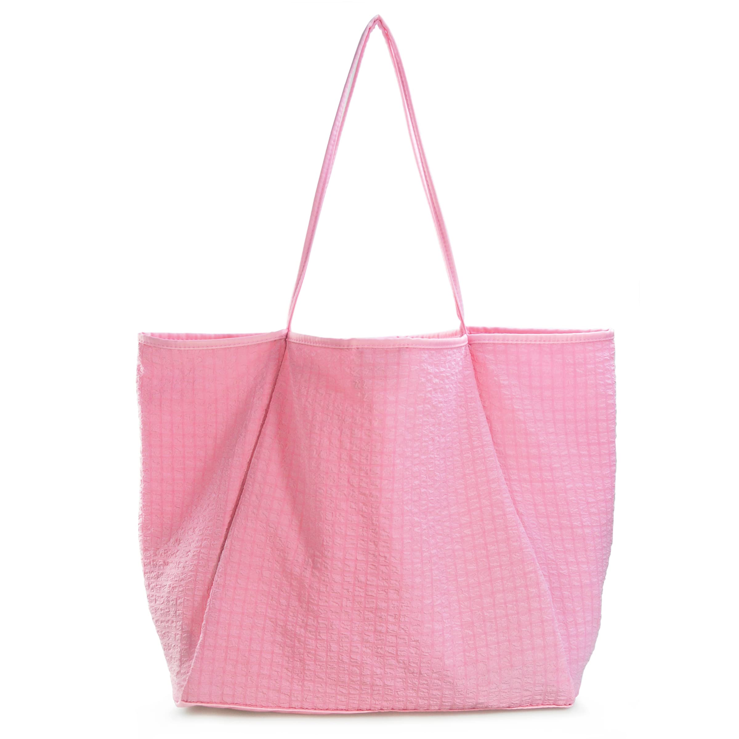 Lightweight Tote Womens Seersucker Shoulder Handbag Foldable Carryall Bag (Pink)