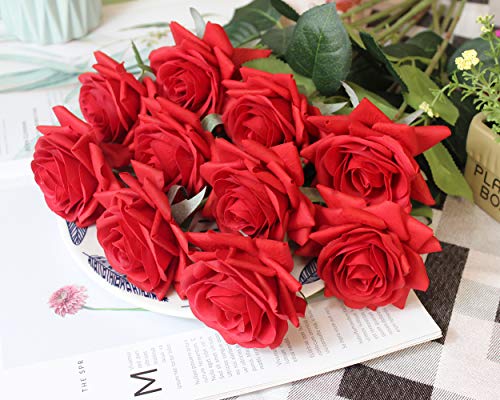 JOEJISN Artificial Flower Roses Fake Roses 12pcs Real Touch Artificial Roses Silk Artificial Roses Long Stem Bridal Wedding Bouquet for Home Garden Office Wedding Decorations (Red)