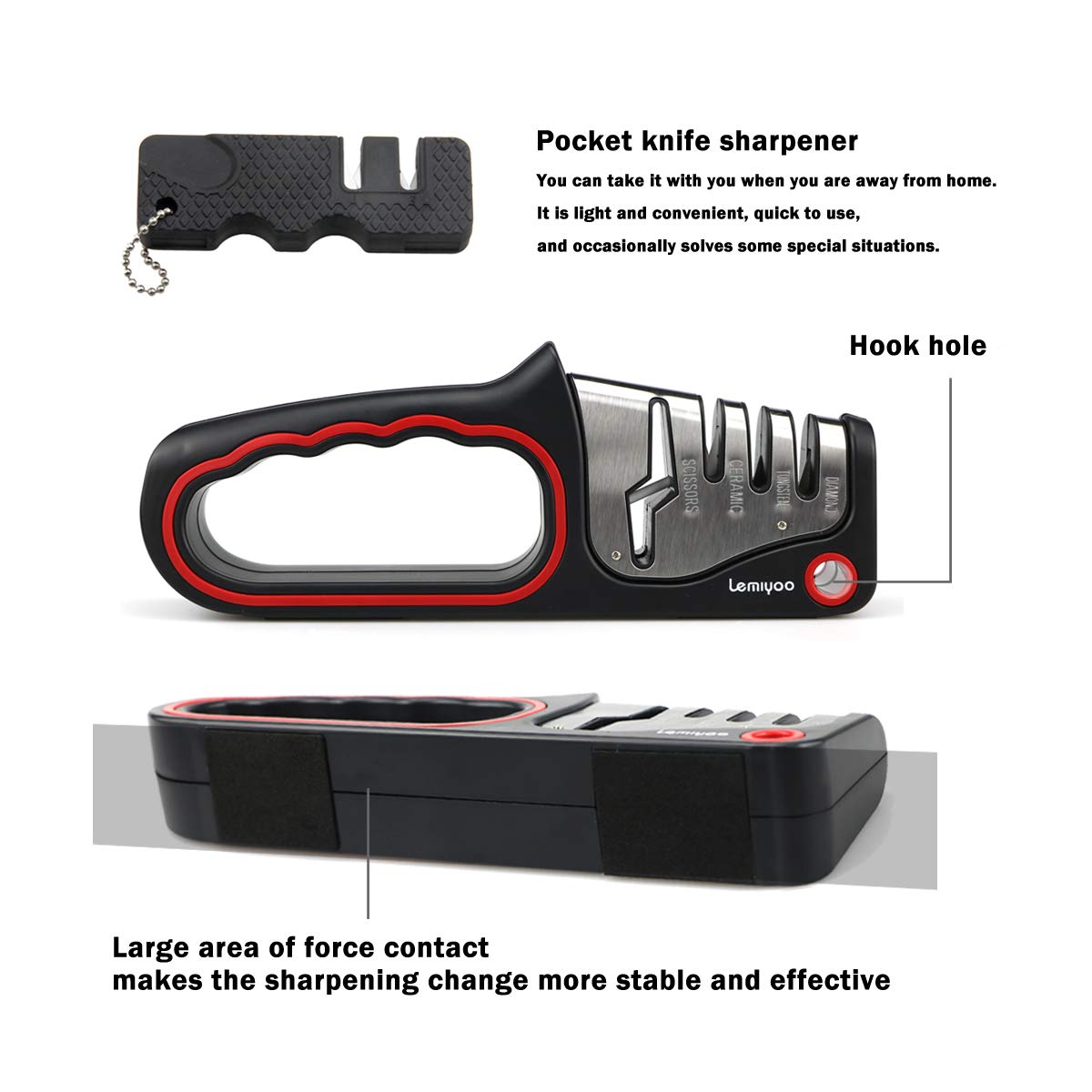 Lemiyoo Kitchen Knife Sharpeners,4 in 1 Professional Knife Sharpener, With A Pocket Knife Sharpener, Ceramics, Tungsten Steel, Diamond Sharpener,Quickly Restore The Sharp Of The Knife (black red)
