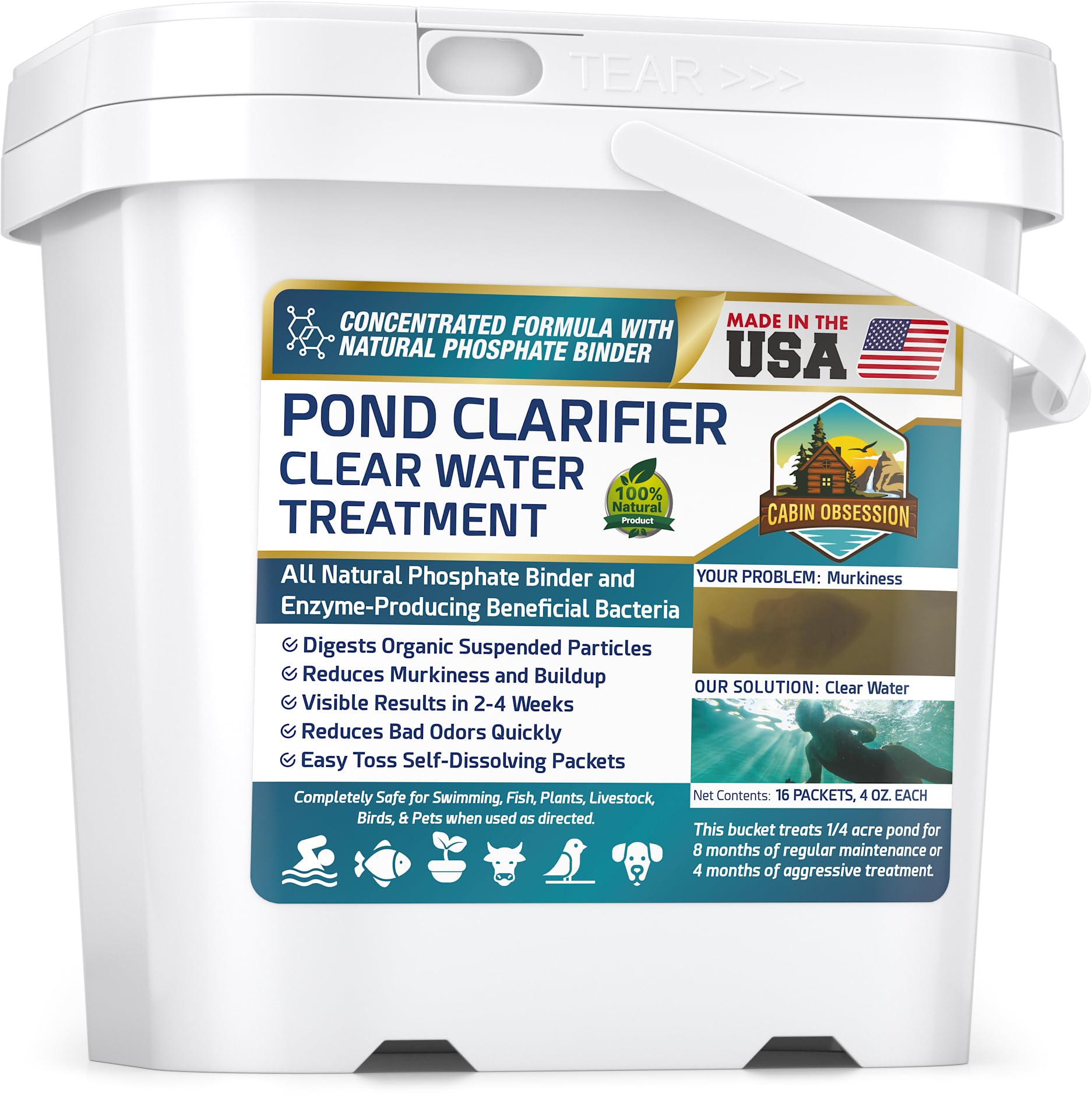 Pond Clear Water Treatment - 16 Pack for 8 Months of Pond Cleaner Supply - Pond Clarifier for Outdoor Ponds â 100% Natural Pond Bacteria Packets - Made in The USA - Safe for Fish, Pets, and Swimming