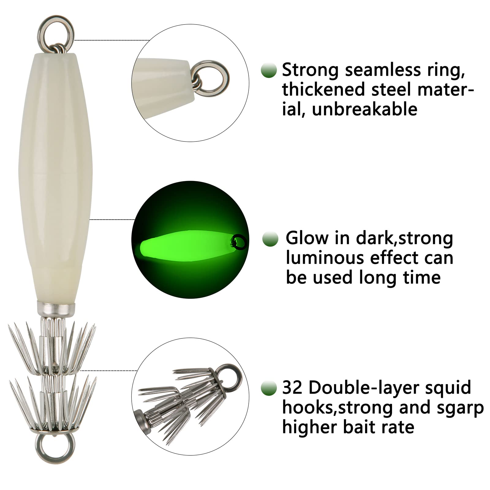 Luminous Squid Jig Hooks 8pcs Glow Squid Jigs Fluorescent Cuttlefish Sleeve Jig Squid Baits Lures Hard Fishing Octopus Lures Set with Tackle Box Saltwater Freshwater