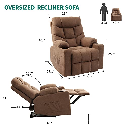YITAHOME Recliner Chair with Wireless Charging, Electric Power Recliner Chair with Massage for Elderly, Fabric Reclining Loveseat with USB Ports, Side Pocket, Remote Control,Brown