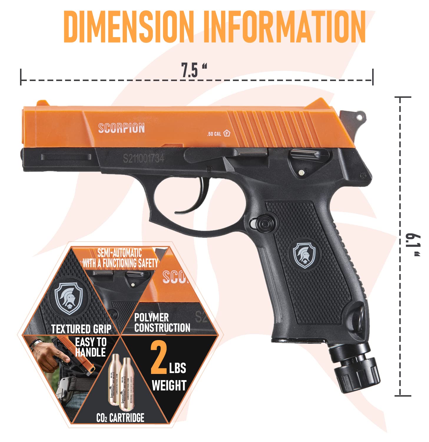 Lancer Tactical Air Scorpion 0.5 Caliber CO2 Non-Blowback Pepper Projectile Gun for Self Defense-Less Lethal Weapon for Personal Protection - Complete Set with Two Mags, Pepper Balls, and CO2