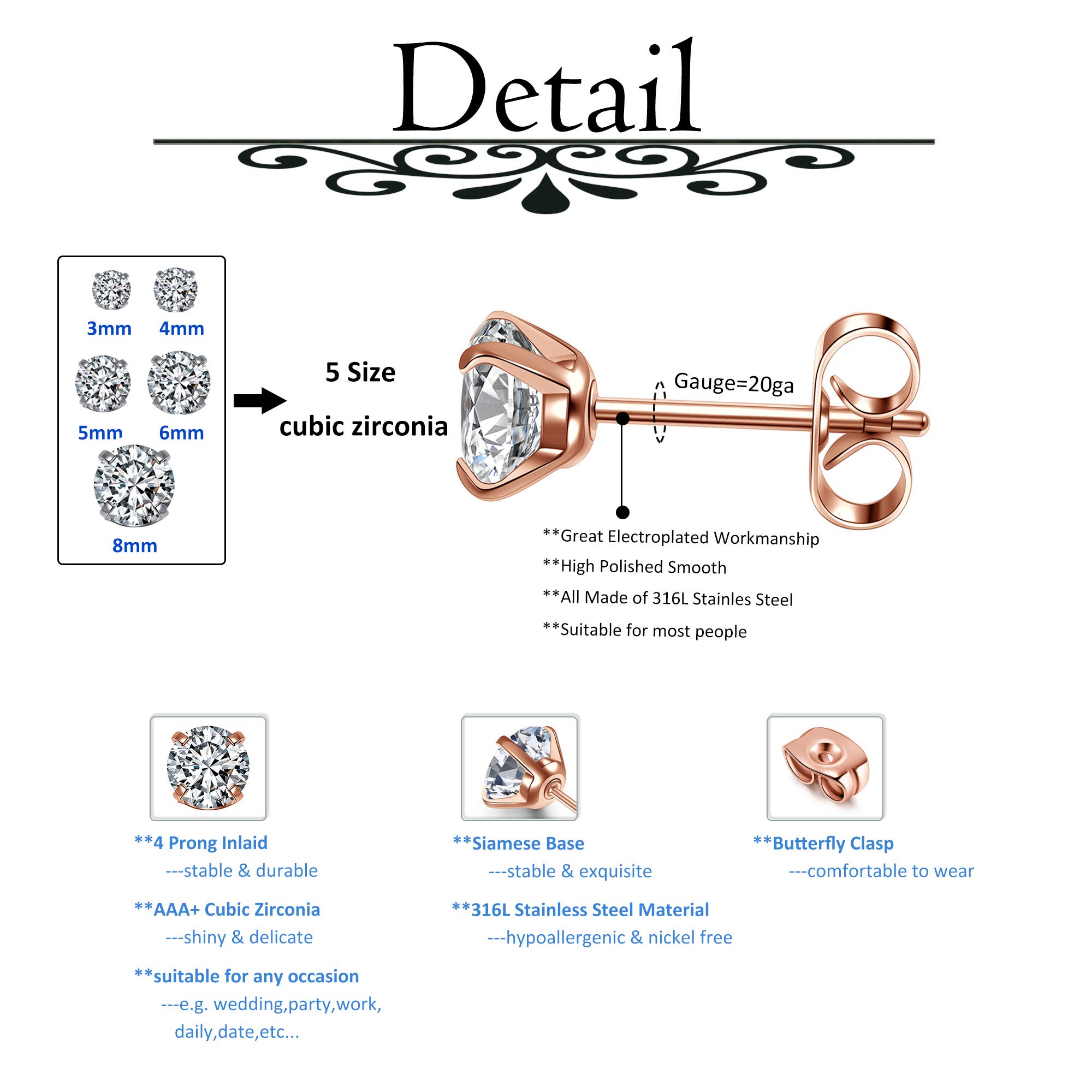 Jovivi 20G Hypoallergenic Stainless Steel Cubic Zirconia Silver Stud Earrings Set for Women, 5 Paris, 3MM-8MM