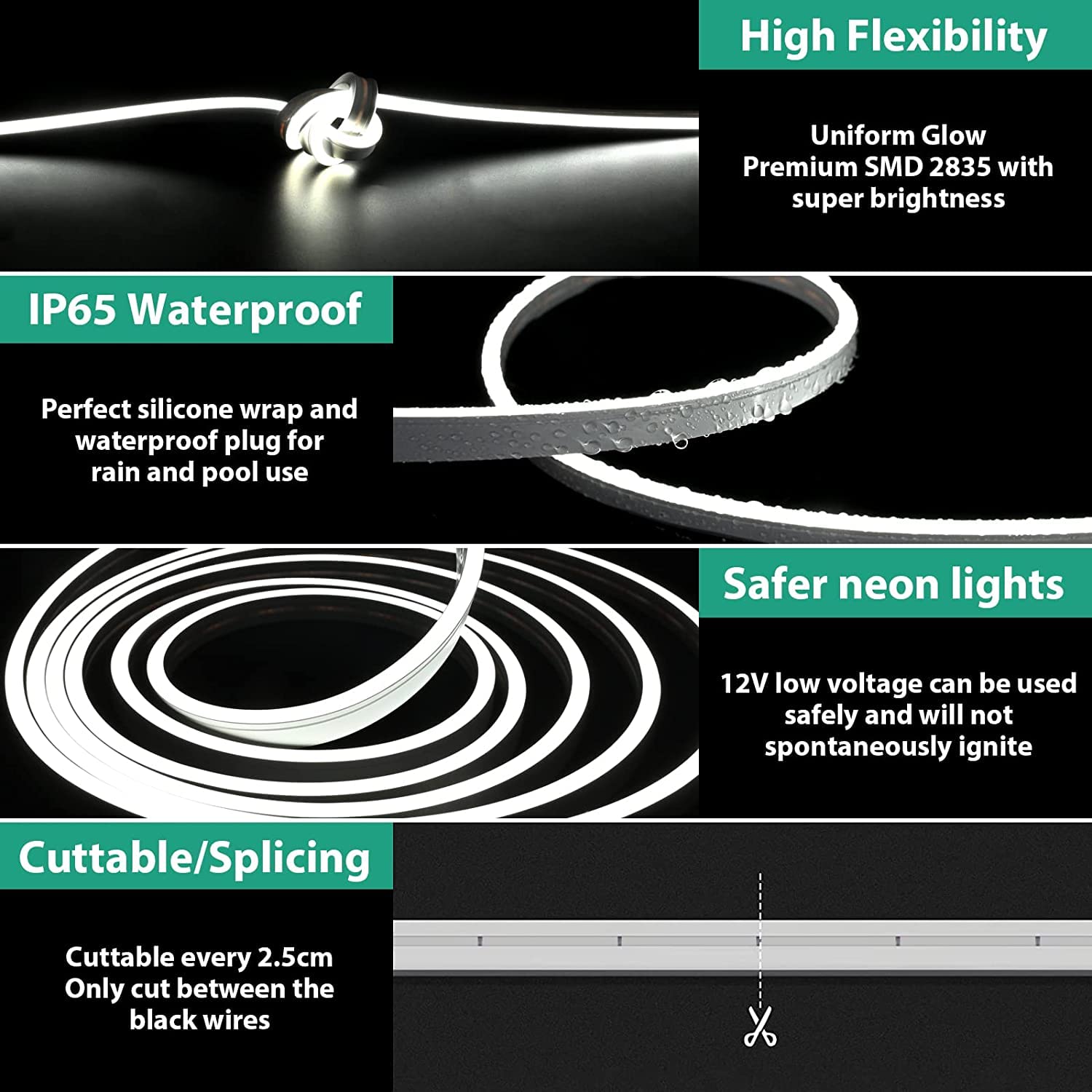 LannlKer LED Neon Rope Lights, 16.4ft/5m Cool White Neon Light Strip,12V Flexible Waterproof LED Strip, Silicone Neon Lights for Kitchen Bedroom Indoor Outdoor Decoration(Power Adapter not Included)