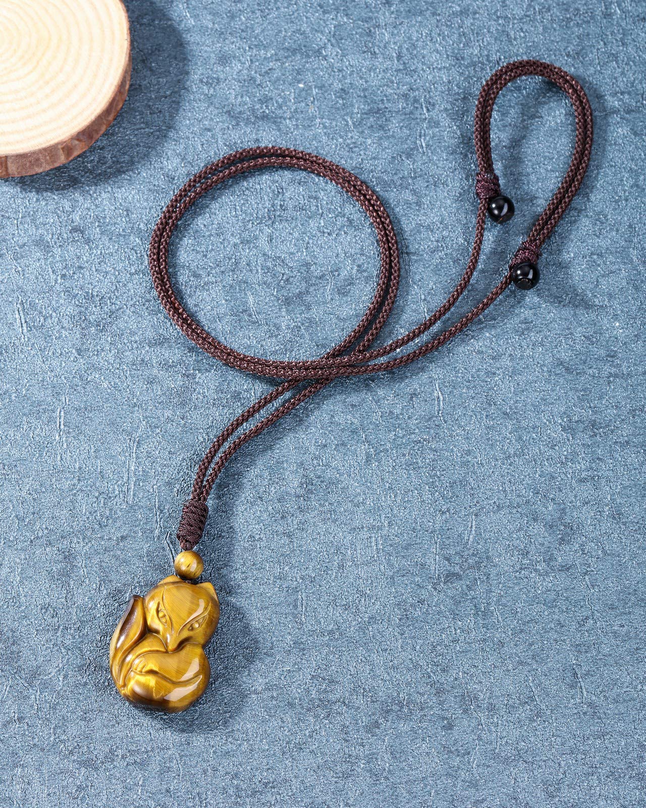 Jovivi Healing Crystal Necklace Natural Tiger Eye Stone Fox Lucky Charm Amulet Bead Pendant Necklace Gemstone Jewelry Adjustable Rope