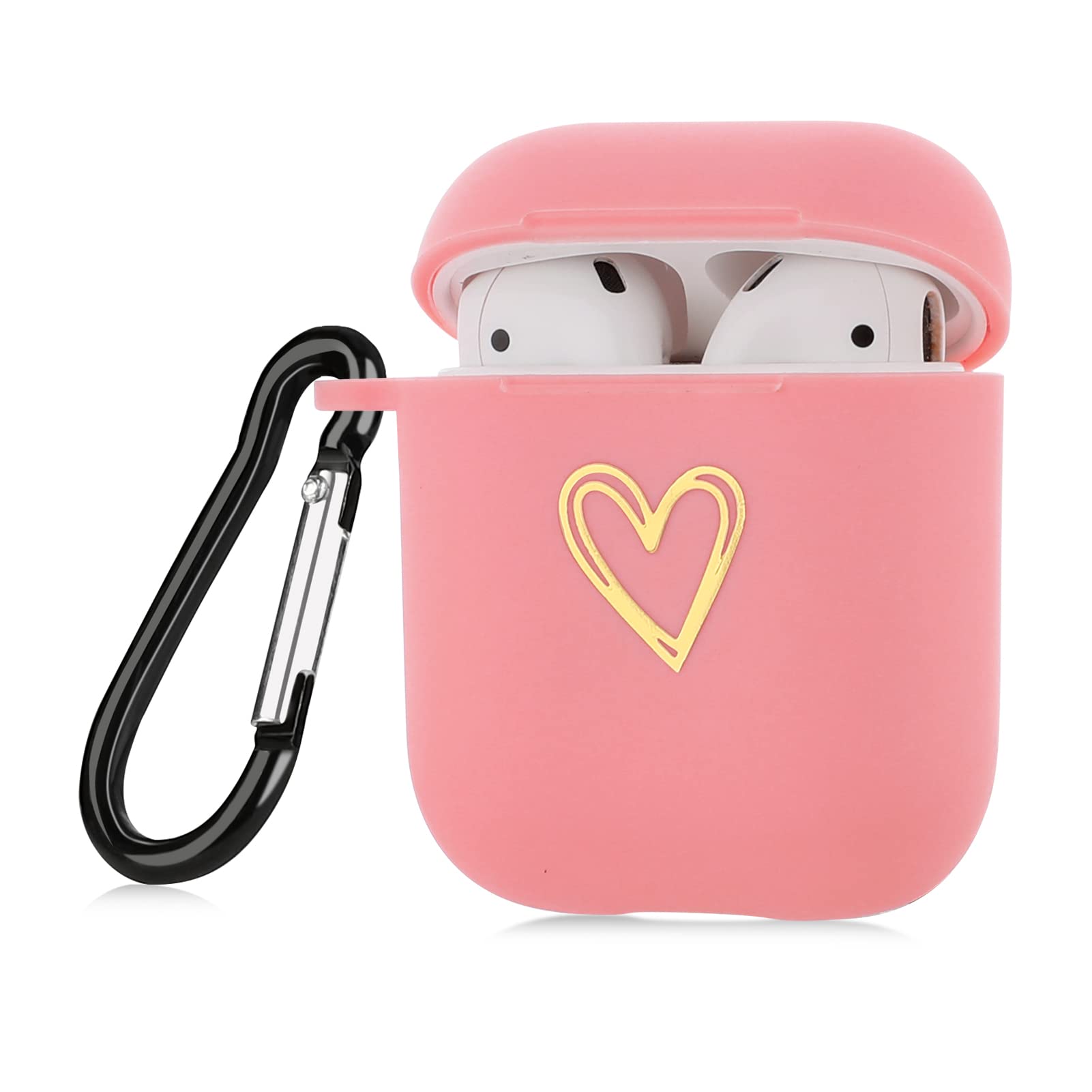 MOWIME Compatible with AirPods 1 Case Silicone, Love Heart Cute Pattern AirPods 2 Generation Case Full Body Protective Cover with Key-Chain for AirPods 1/2 Charging Case -Pink