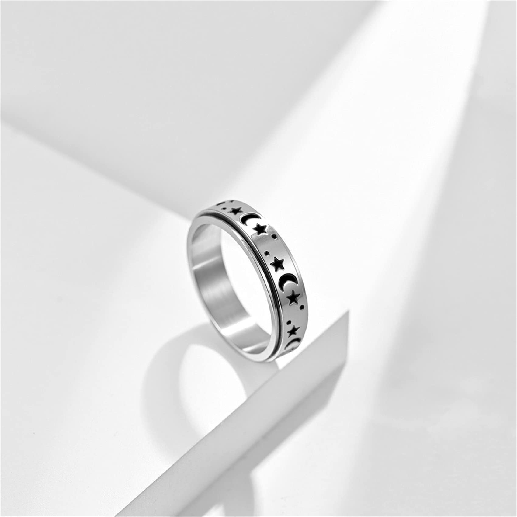Kshcf Spinner Ring Titanium Steel Ring Anxiety Ring Fashion Decompression Ring Moon and Star Fidget Ring for Women Men,Size 11, Steel Black
