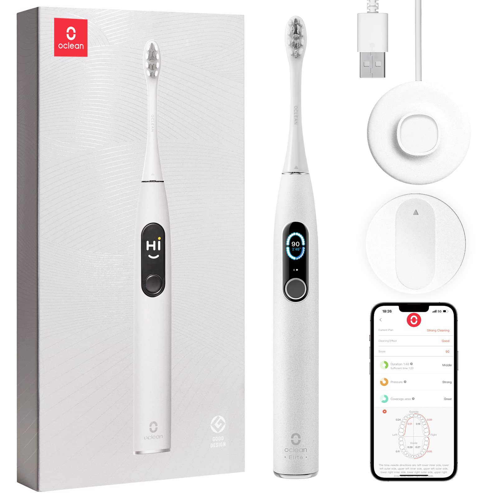 Oclean X Pro Elite Ultra-Quiet Sonic Electric Toothbrush for Adults,4 Modes with Timer, Color Touchscreen App-aided, Wireless Quick Charge for 35 Days, Travel Rechargeable Power Smart Toothbrush