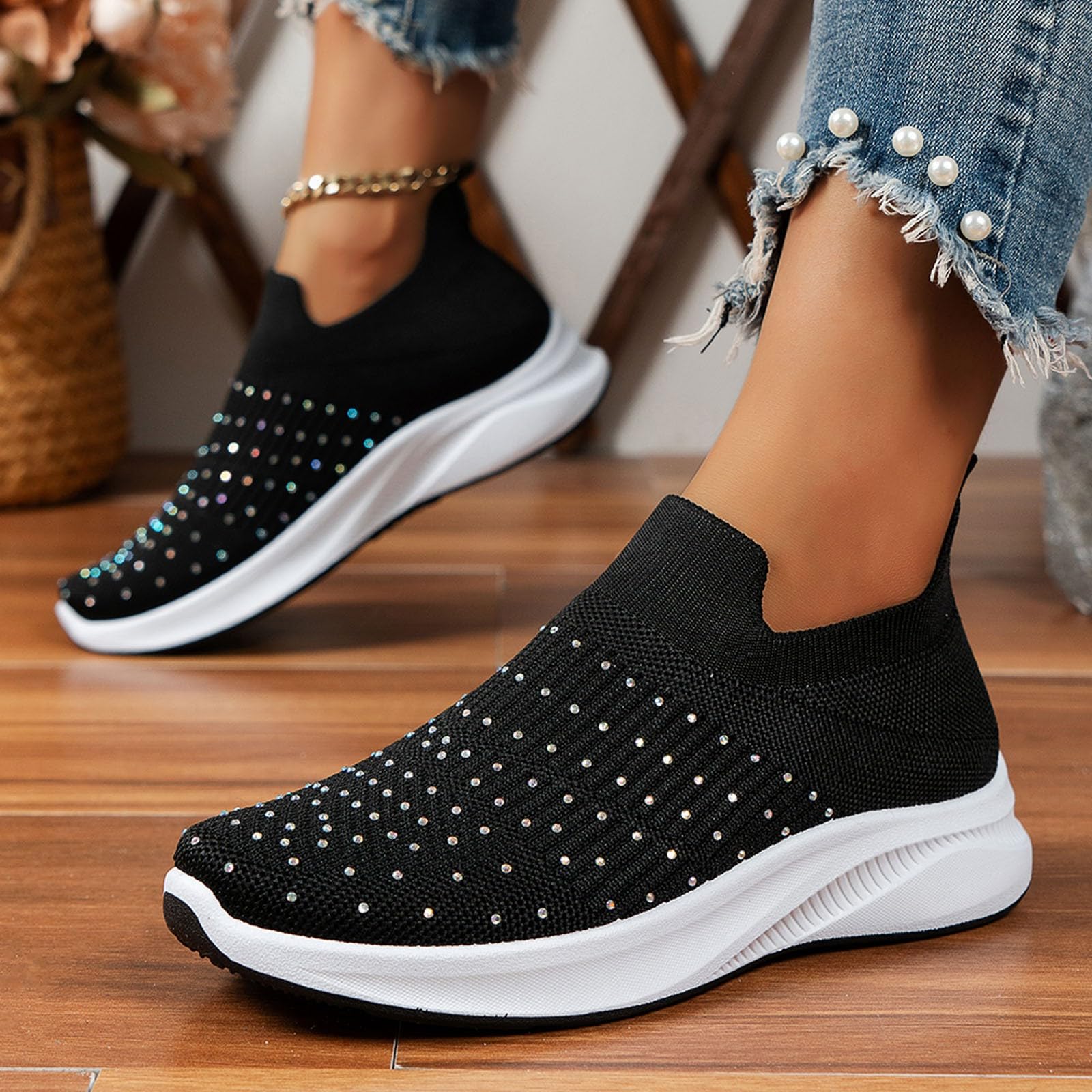 Htmbrou Women's Rhinestone Mesh Orthopedic Sneakers Mesh Walking Shoes Crystal Glitter Slip On Breathable Arch Support Sock Sneaker B-White
