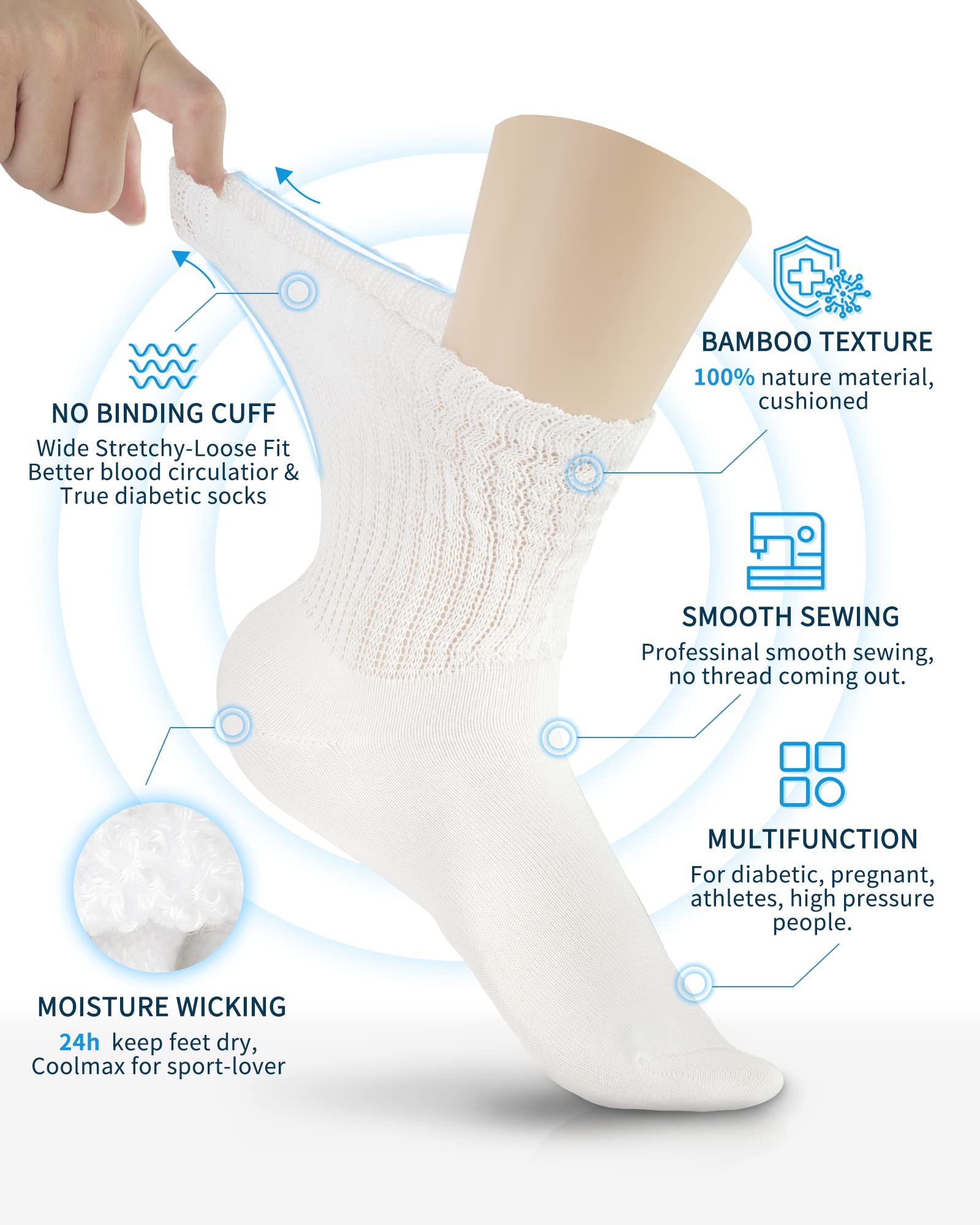 LIN Women's Ankle Diabetic Socks 9-11, Non-Binding Neuropathy Ankle Socks for Blood Circulation Varicose Veins, Loose Fit Breathable , 6 Pairs, White 13-15