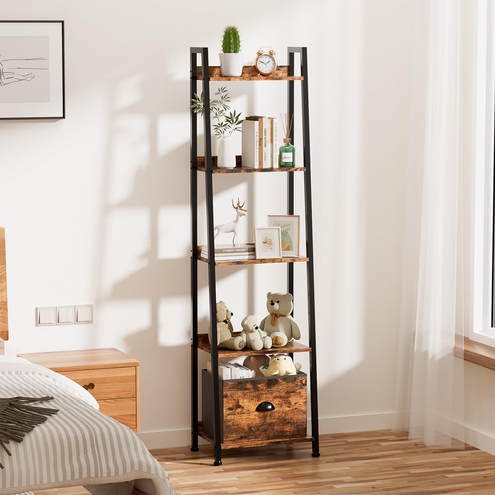RVHOME 2024 Ladder Shelf, 5-Tier Upgraded Elevated Ladder Bookshelf with Drawer, 63" Ladder Shelf Bookcase, Tall Bookshelf with Steel Frame, Rustic Bookshelf for Living Room, Home Office, Bedroom