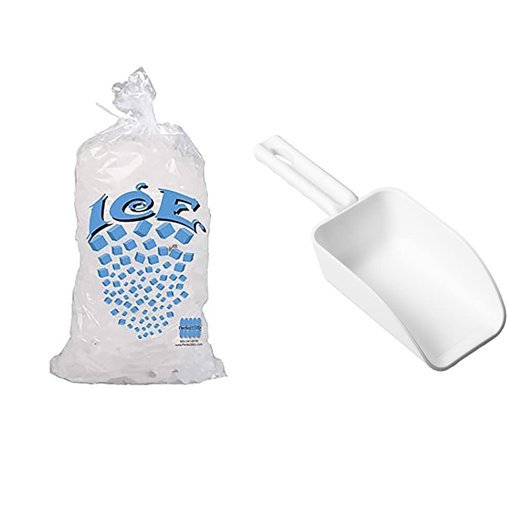 Perfect Stix Icebag10TT-100 Ice Bag with Twist Tie Enclosure, 10 lbs (Pack of 100) & Vikan Remco 63005 Color-Coded Plastic Hand Scoop, 16 oz, White