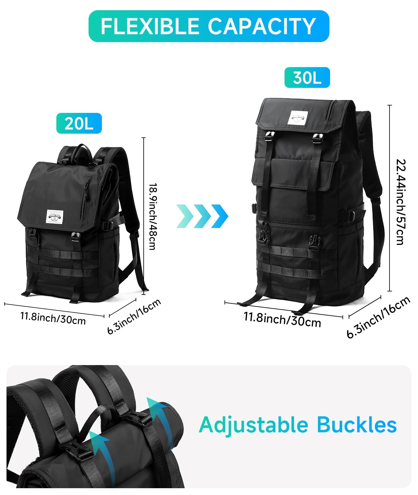MOYYI Rolltop Backpack for Men Flap Rucksack Expandable Fits 17 inch Laptop Roll Top Backpack for Commute Travel Hiking Urban Black (3 in 1)