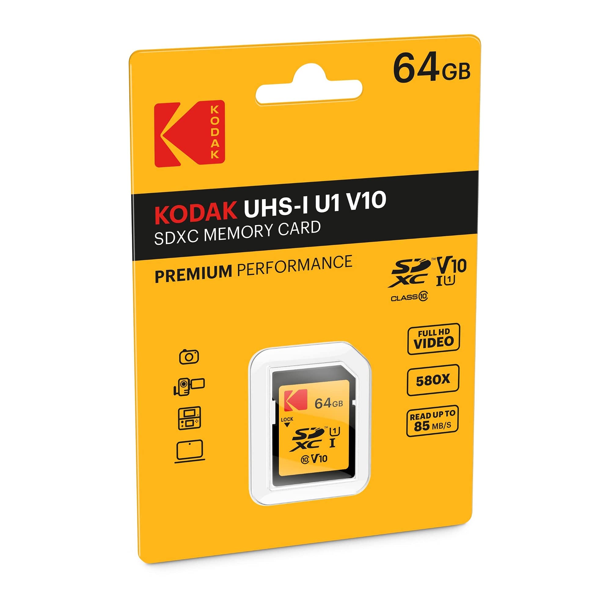 KODAK Premium Memory Card 64GB, 85MBs Read Speed, 25MBs Write Speed for Full HD Video and High-Resolution Pictures, Compatible with SDHC and SDXC Standards - EKMSD64GXC10K