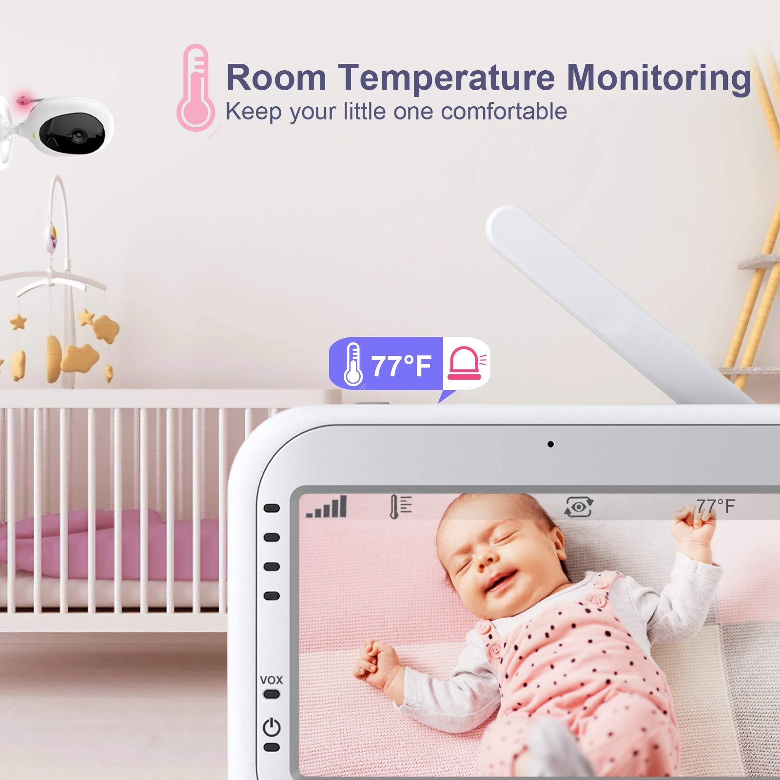 JLB7tech Baby Monitor,5" Split Screen Video Baby Monitor 1 Camera and Audio,Night Vision,Two-Way Talk,Long Range,FeedingTime,Lullabies,Temperature Detection,Power Saving/Vox,Zoom in