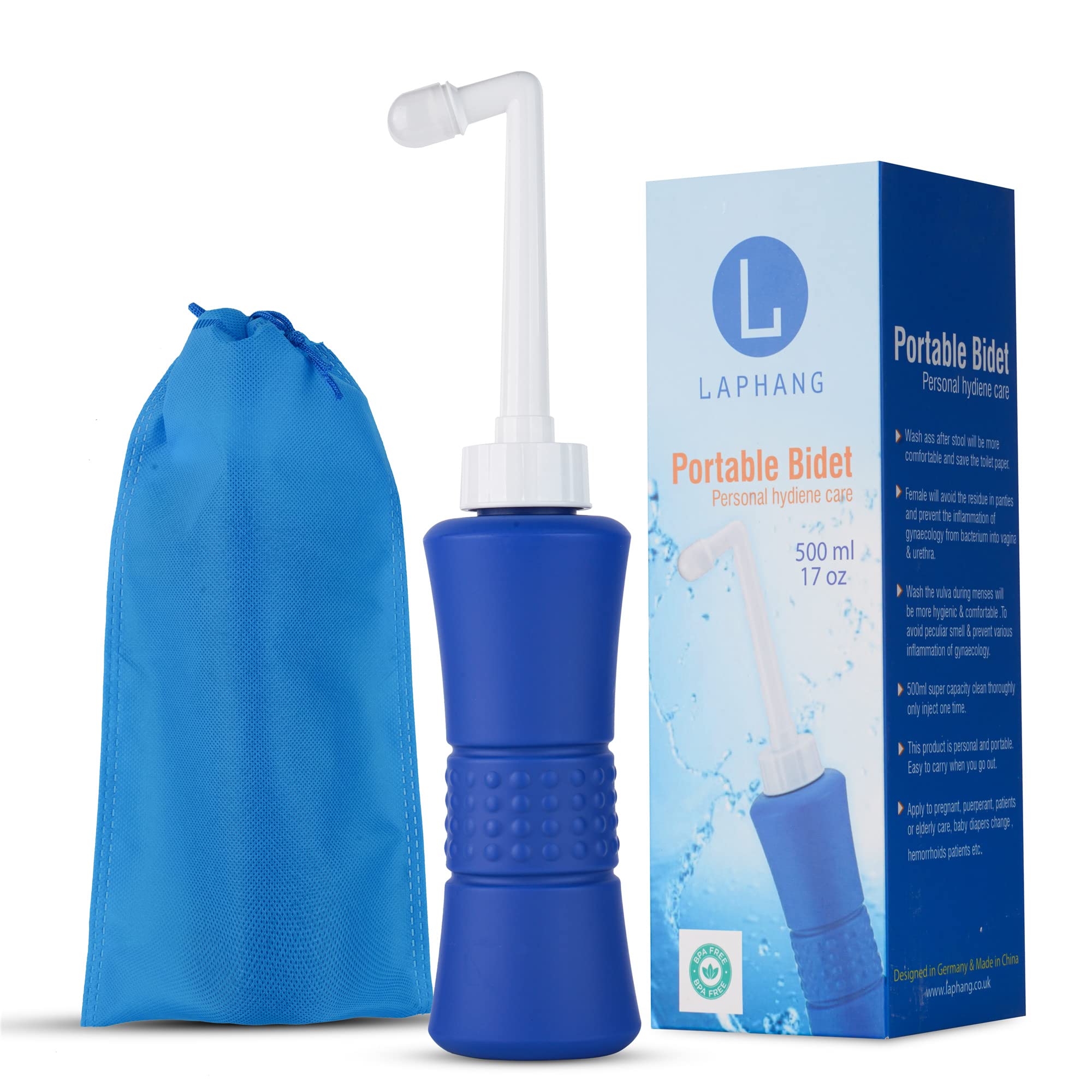laphang Portable Bidet 500ml Blue Peri Bottle with Waterproof Pouch and Cap – PP + TPR, Leak Proof & Scratch Resistant –Perineal Bottle for Postpartum Hemorrhoids Healing, Maternity Kit Essentials