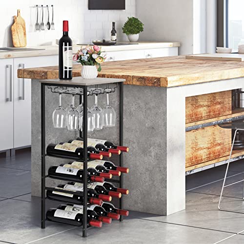 Vrisa Freestanding Floor 16 Bottles Wine Rack with 9 Wine Glass Holder, Wine Holder Stand for Floor, 5 Tiers Wine Bottle Organizer Stand, Dark Oak