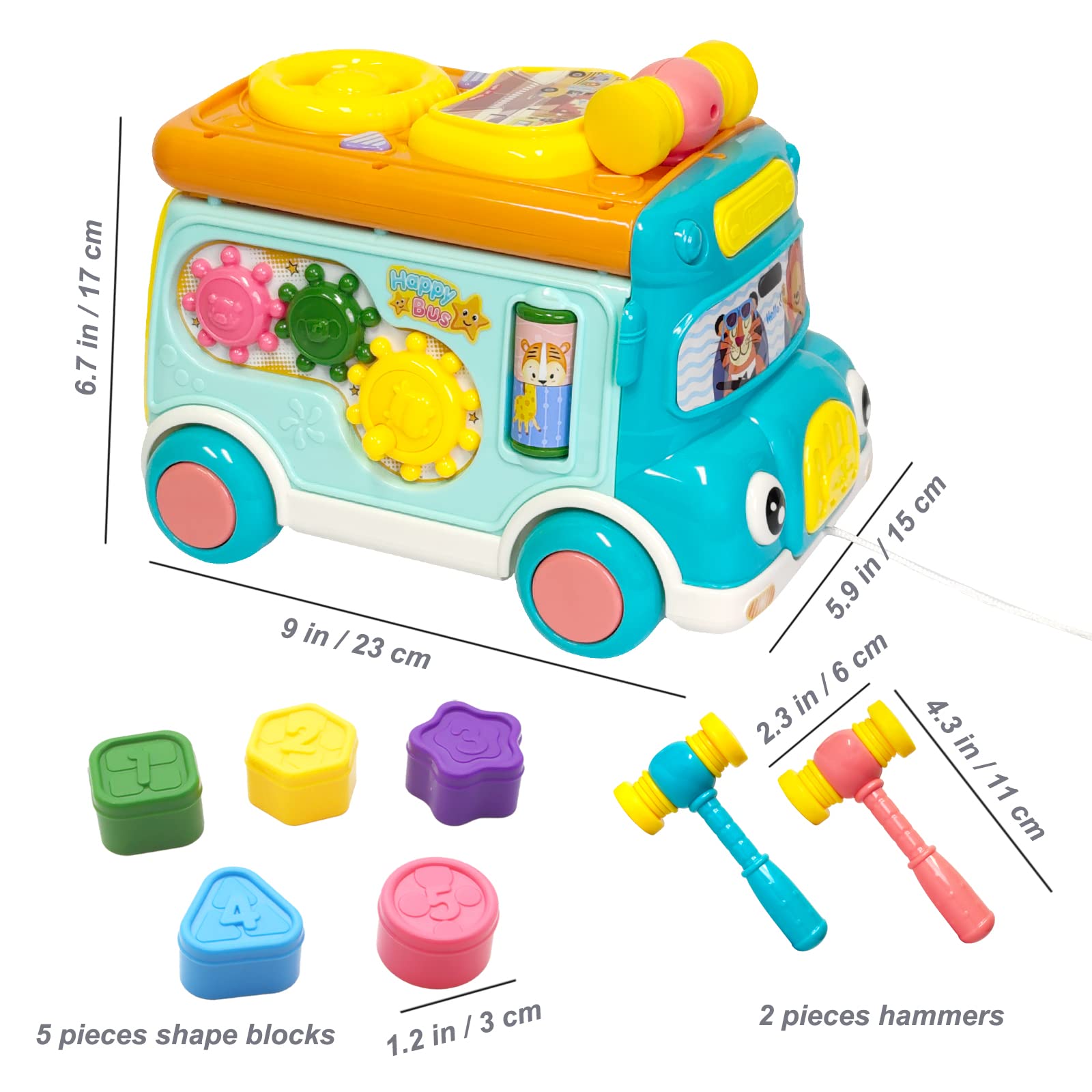 MICKYU Baby Musical Bus Toys Whack a Mole Game Shape Sorter Early Development Toy for Toddlers Boys
