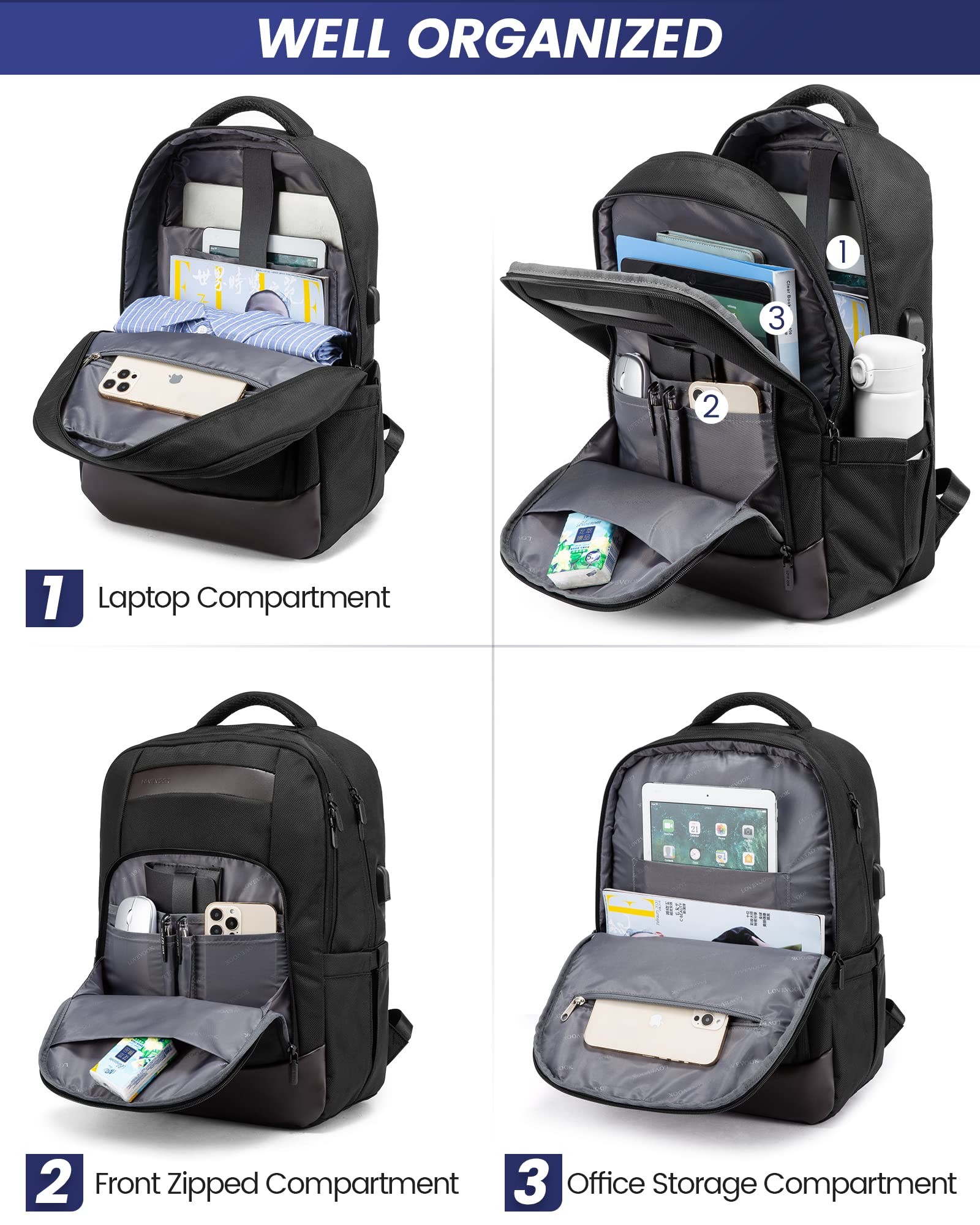 LOVEVOOK Laptop Backpack, 15.6 Inch Durable Water Resistant Anti-theft Business Travel Backpack with USB Port, Mens Professional Multi-function Smart Computer Backpack for Work Commuter College