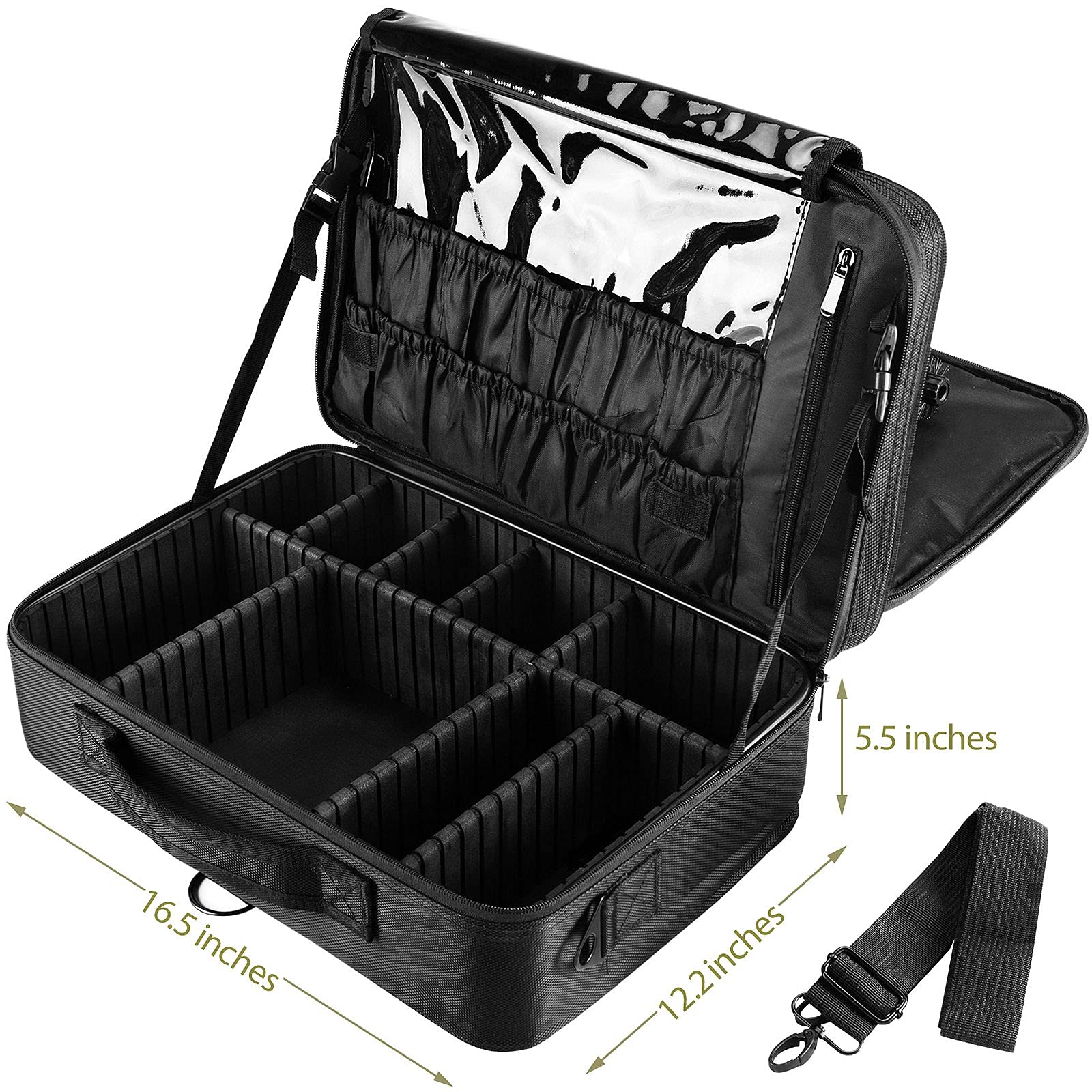 JAZZ GORDON Makeup Bag Large 3 Layers Travel Makeup Organizer Professional Makeup Case Portable Artist Storage Mkeup Brush Bag with Adjustable Dividers,Straps (Black)