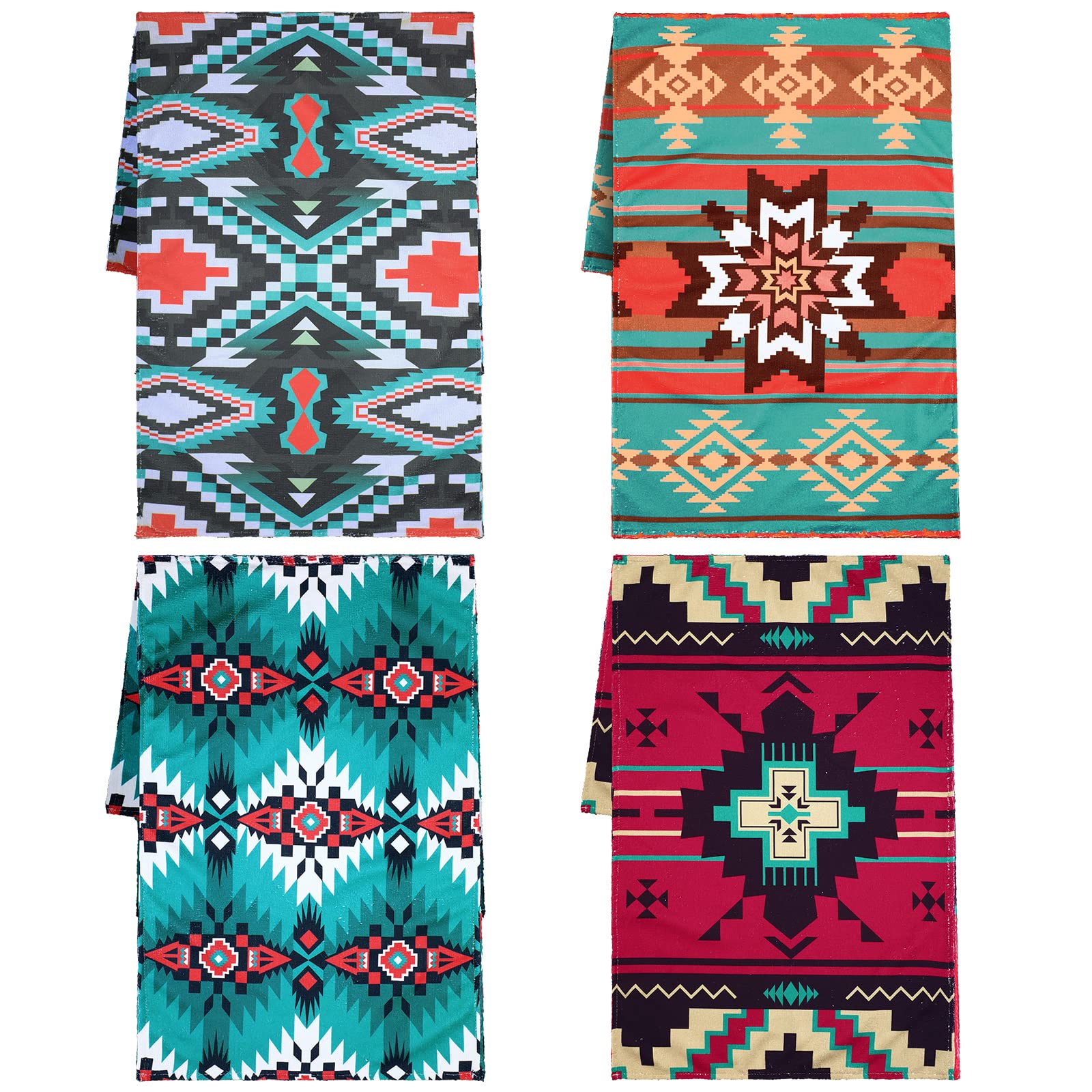 Lasnten Southwestern Hand Towels Set of 4 Southwestern Decor Boho Aztec Turquoise Decorative Tea Towels Native American Dish Towels for Kitchen, 4 Patterns(Bright Color, Delicate Style)