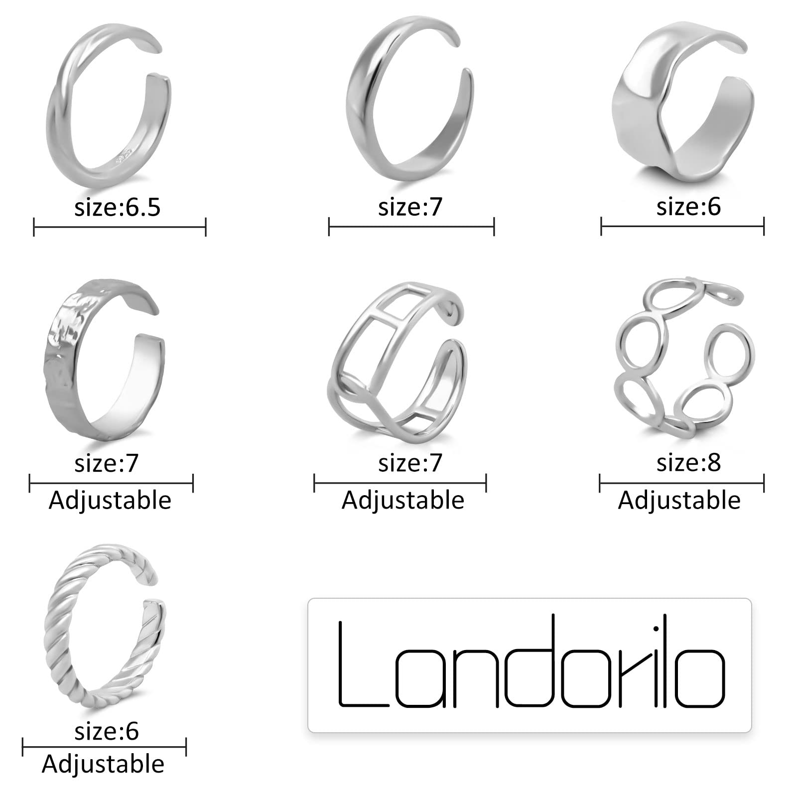 Landorilo 7PCS 18K White Gold Plated Rings Set Chunky Twisted Round Adjustable Open Rings Stackable Silver Rings for Women