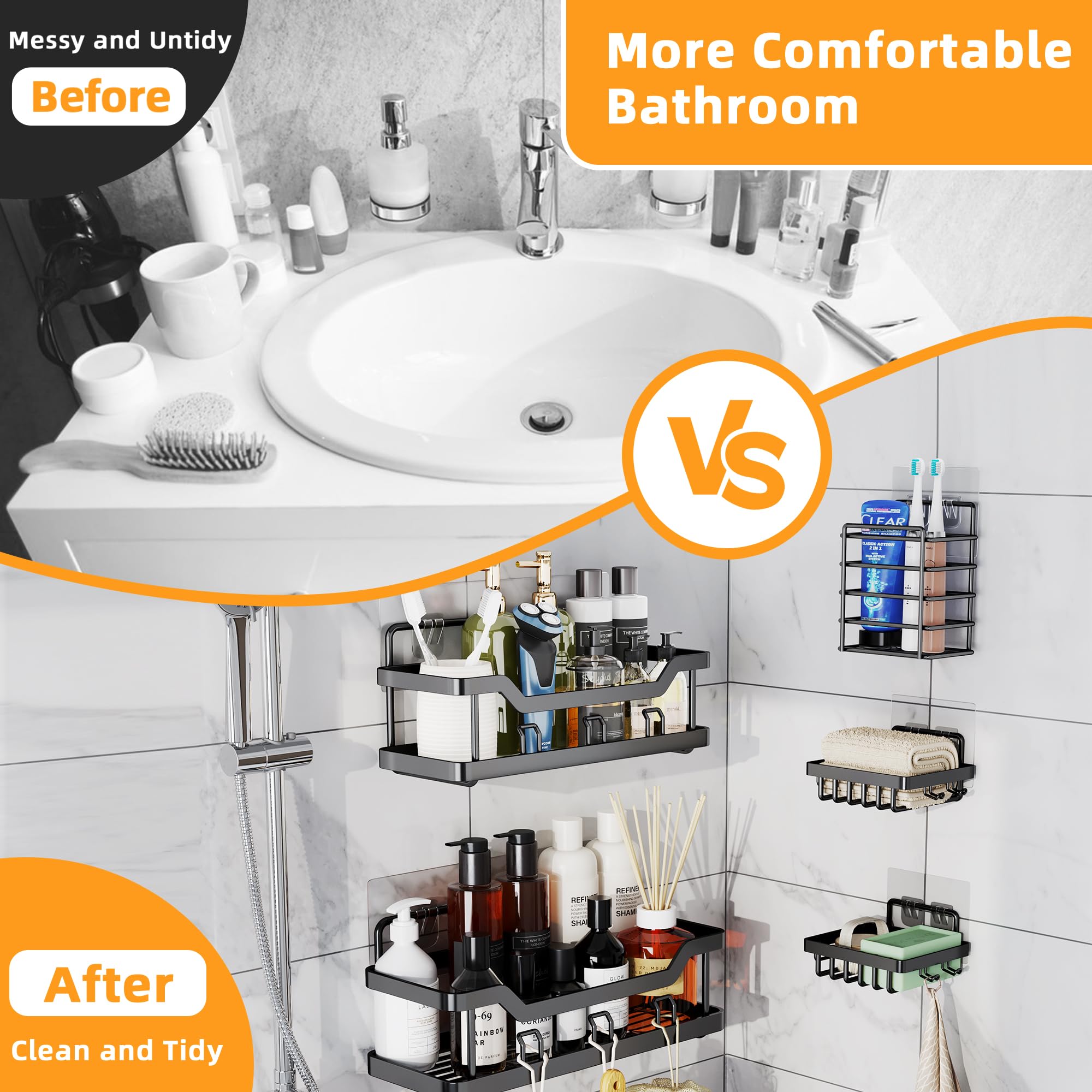 ZHOHO TANT Shower Organizer 5 Pack, Adhesive Shower Caddy with No Drilling, Large Capacity, Rustproof Stainless Steel for Bathroom Organizers and Storage&Kitchen, Shower Shelves for Inside Shower