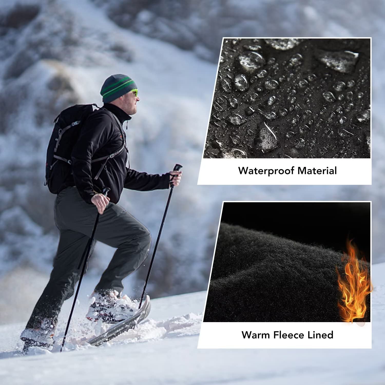 MONSTER VALLEY Mens Softshell Fleece Lined Pants Warm Winter Windproof Ski Snow Insulated Hiking Hunting Trousers, Grey, Large