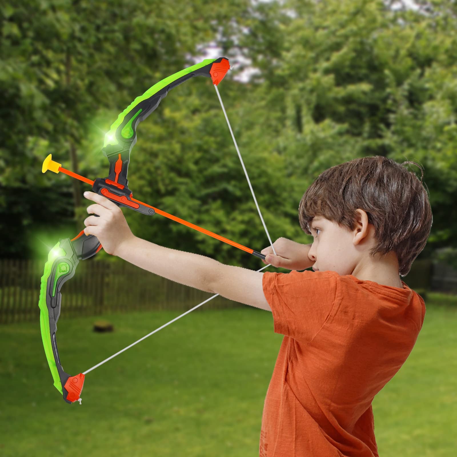 MorTime 2 Pack Bow and Arrow Set with LED Flash Lights, Practice Outdoor Toys for Kids ,Green Light Up Archery Toy Set -includes 6 Suction Cup Arrows
