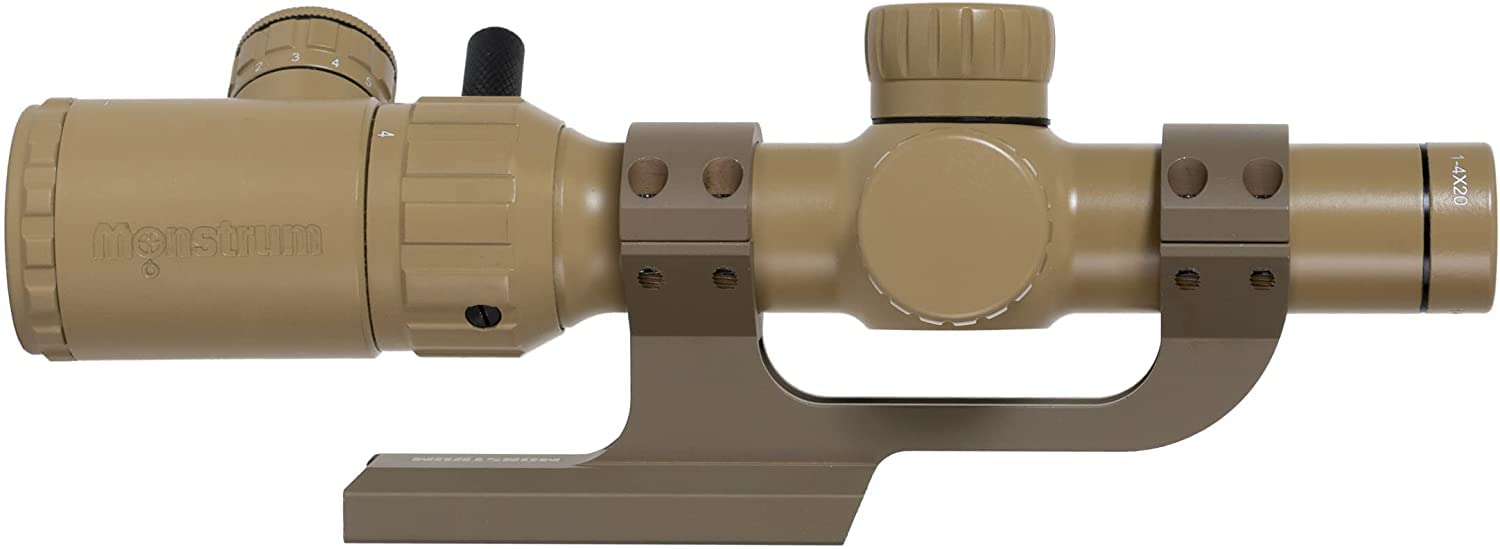 Monstrum 1-4x20 Rifle Scope with Rangefinder Reticle | ZR251 Offset Scope Mount | Flat Dark Earth | Bundle