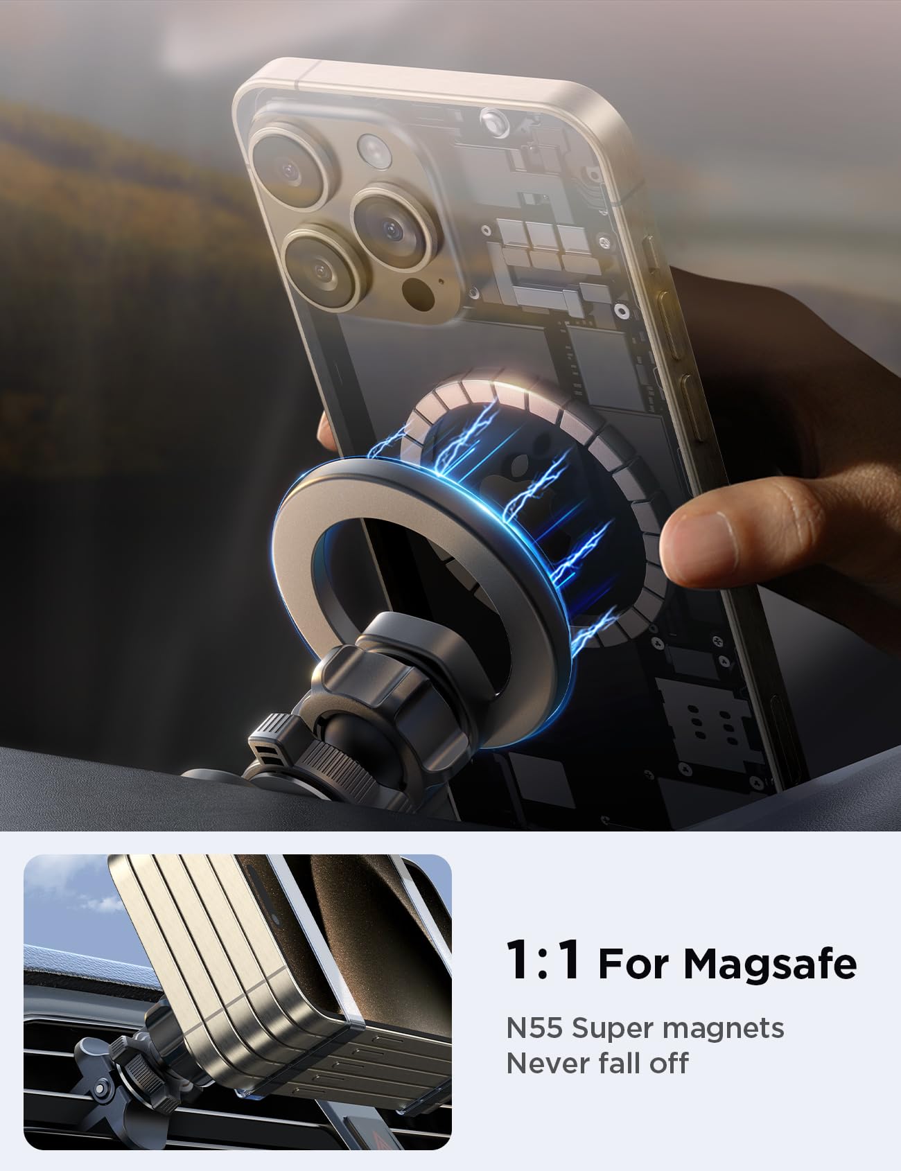 JOYROOM Fits MagSafe Car Mount, [Dashboard & Air Vent] 2 in 1 Super Stable Magnetic Car Phone Mount Fit for iPhone 15 14 13 12 Pro Max Plus Mini & MagSafe Case & All Phone