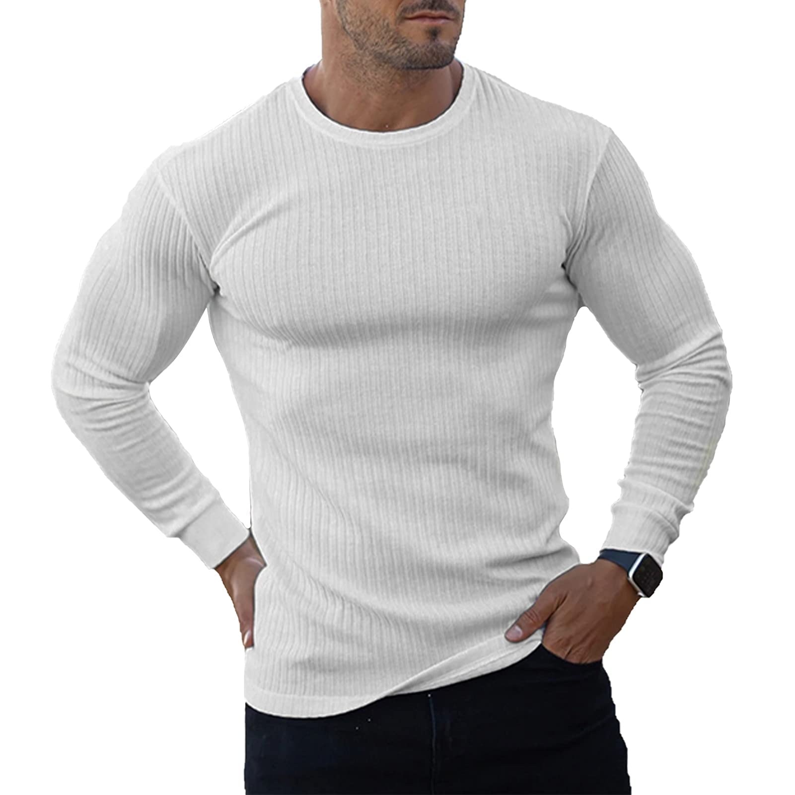 MorwenVeo Men's Muscle Slim Fit T Shirts Stretch Knit Long Sleeve Gym Workout Tee Shirts Athletic Casual Plain Basic T-Shirts