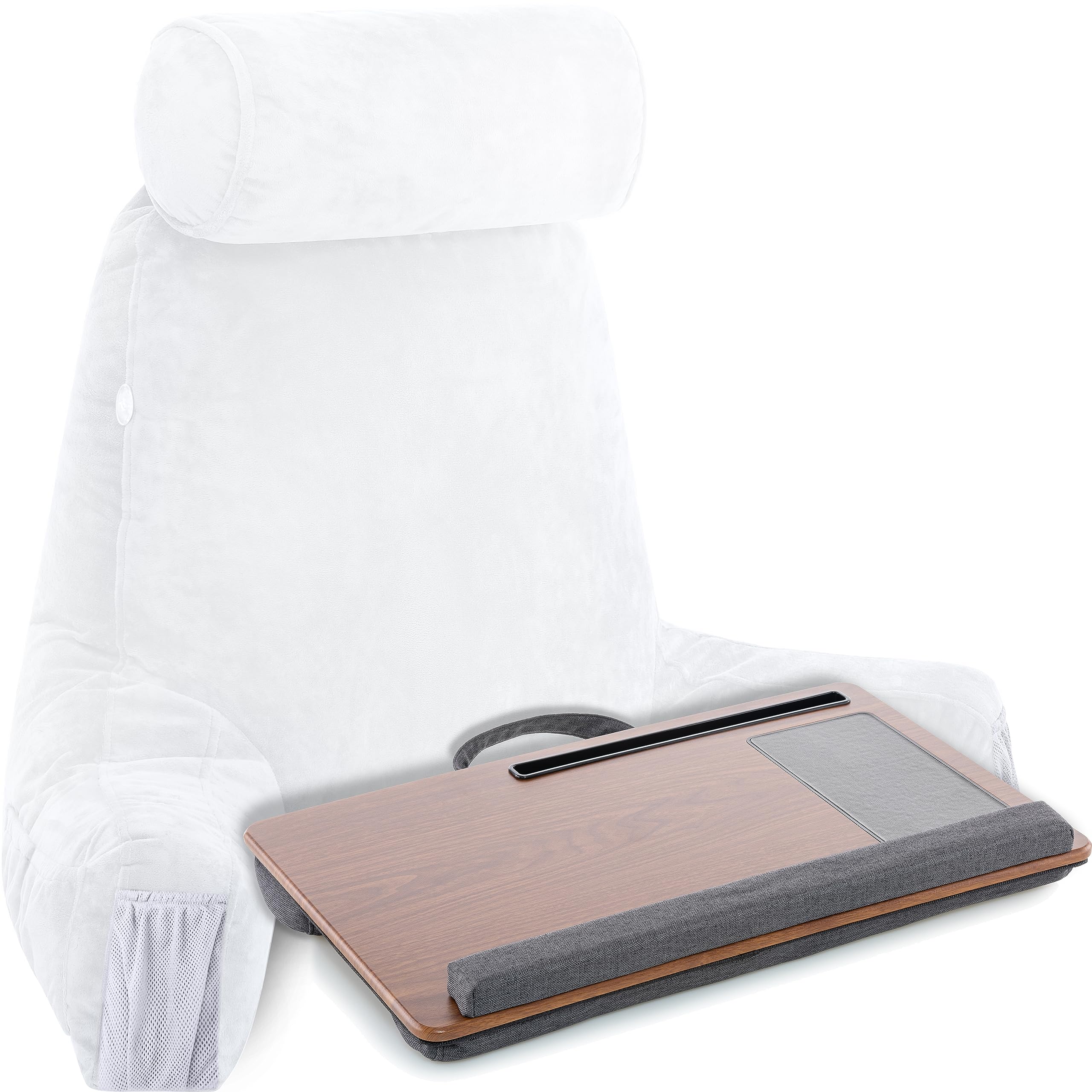 Husband Pillow Combo - Backrest Pillow with Arms : Medium White & Foldable Laptop Tray : Brown - Memory Foam Reading Pillows for Bed w/Removable Neck Roll & Laptop Bed Tray Table