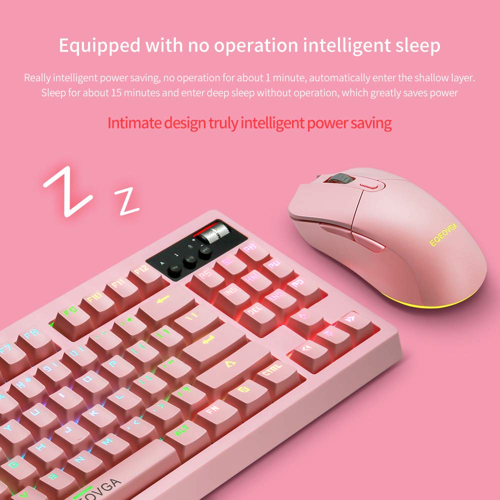 K51 Wireless Gaming Keyboard and Mouse Combo, Wireless Mechanical Keyboard/RGB Backlit Compact 87 Key/4000DPI Mouse, Rechargeable 3800mAh Battery for PC Gaming and Office-Pink