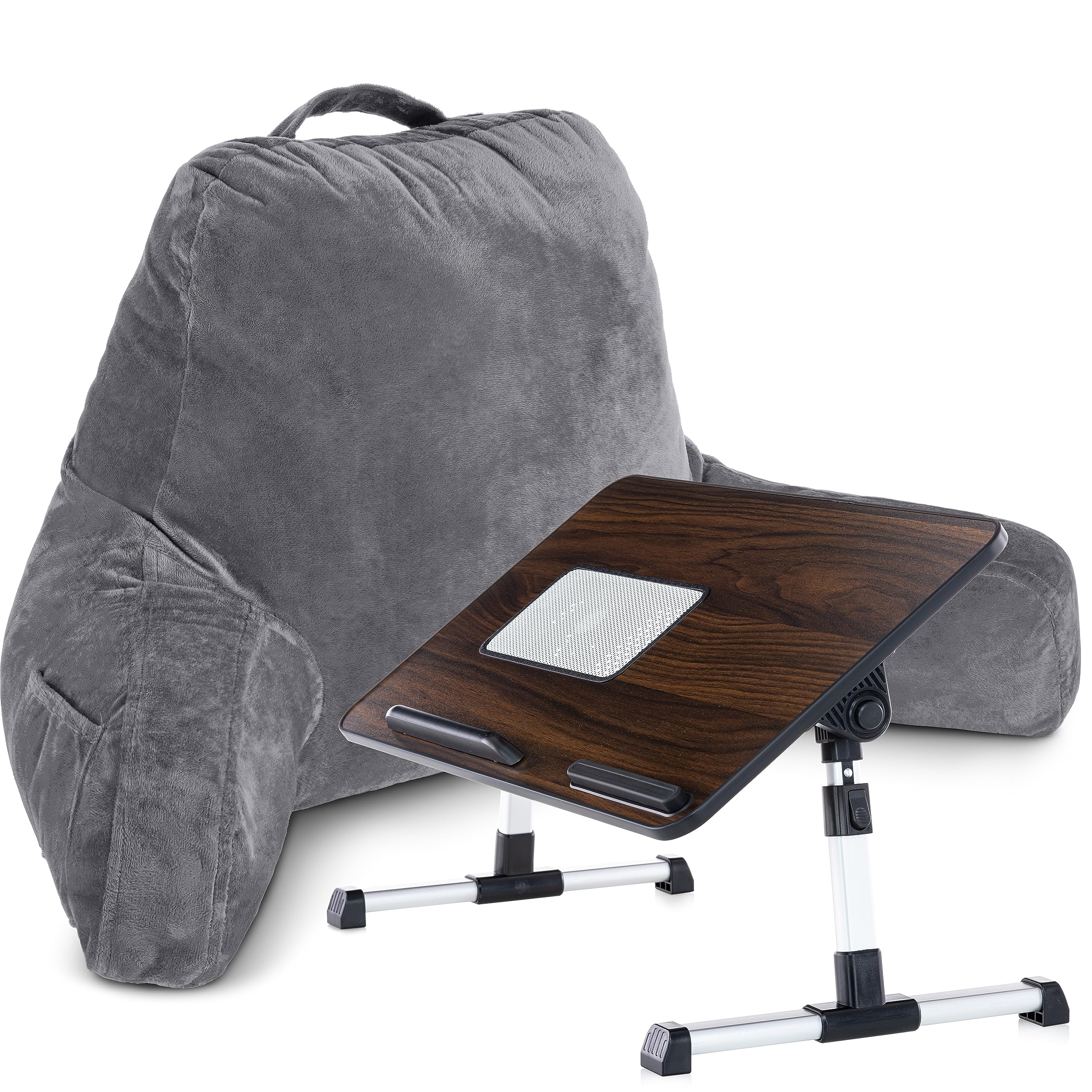 Husband Pillow Combo - Backrest Pillow with Arms : Standard Dark Grey & Lap Desk Bed Tray : Brown - Memory Foam Reading Pillows for Bed & Laptop Bed Tray Table