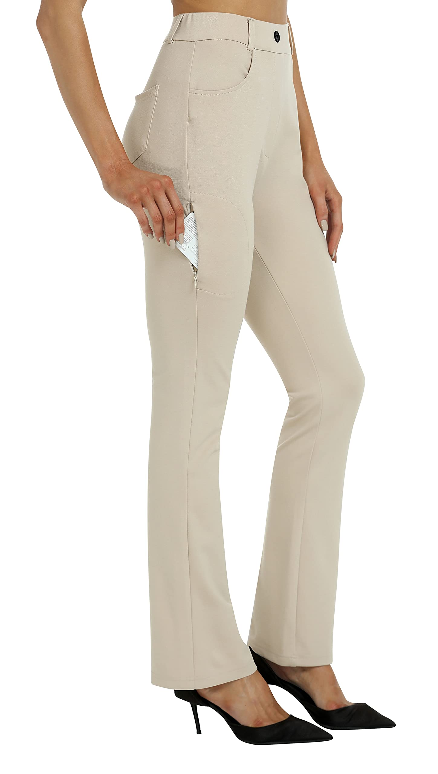 MoFiz Women's 29" Yoga Dress Work Pants Bootcut Leg Elastic Waist Business Office Stretchy Slacks Casual Golf with Pockets Light Khaki M