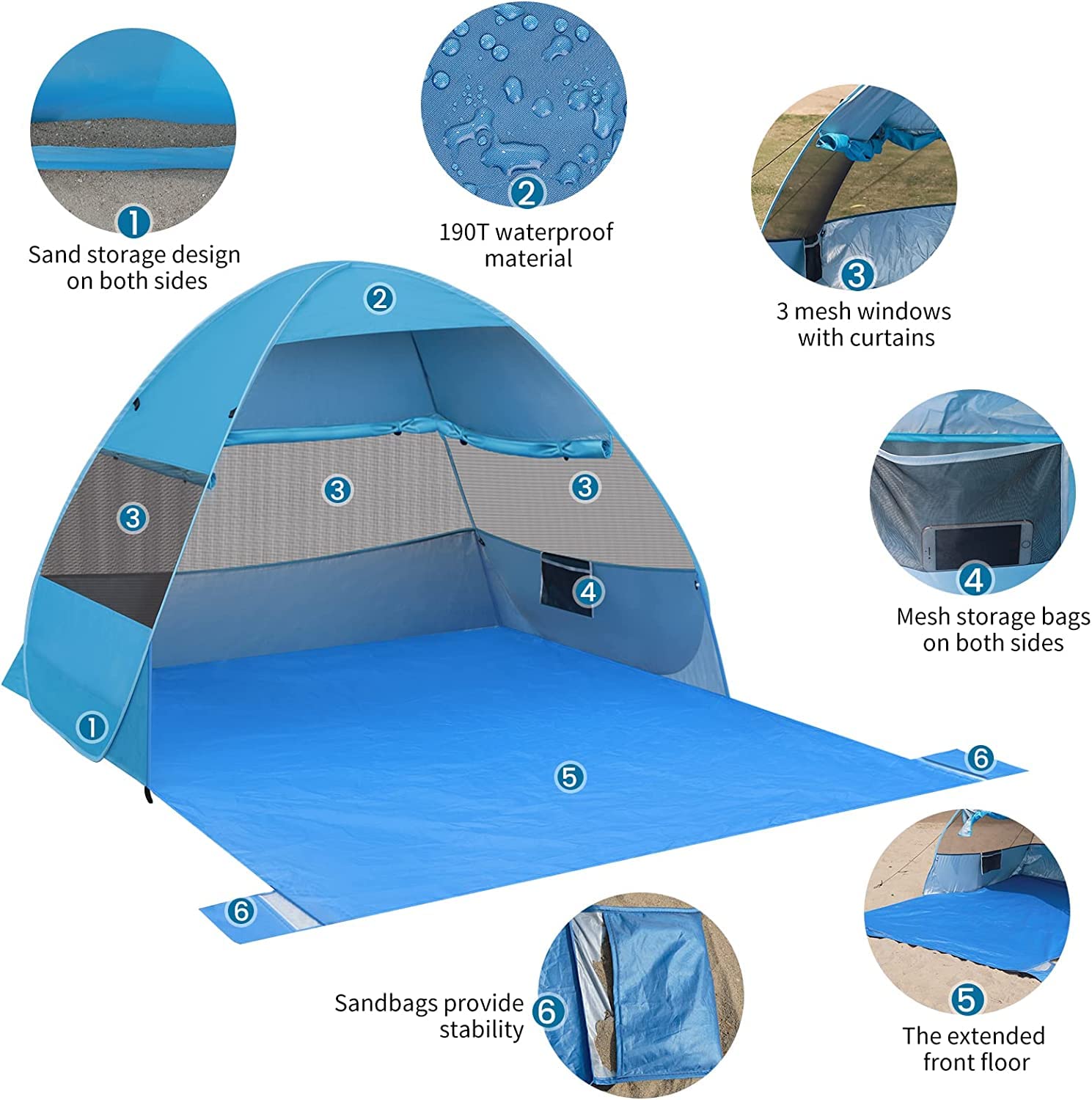 Large Pop Up Beach Tent for 3-4 Person, UPF 50+ Beach Sun Shade, Automatic Beach Sun Shelter Umbrella with Carry Bag, Lightweight and Easy Set Up
