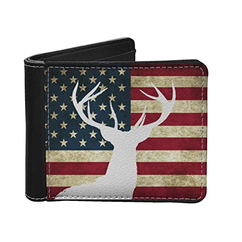 LedBack American Flag Deer Print Men's PU Leather Bifold Wallet Card Case Holder Money Organizers