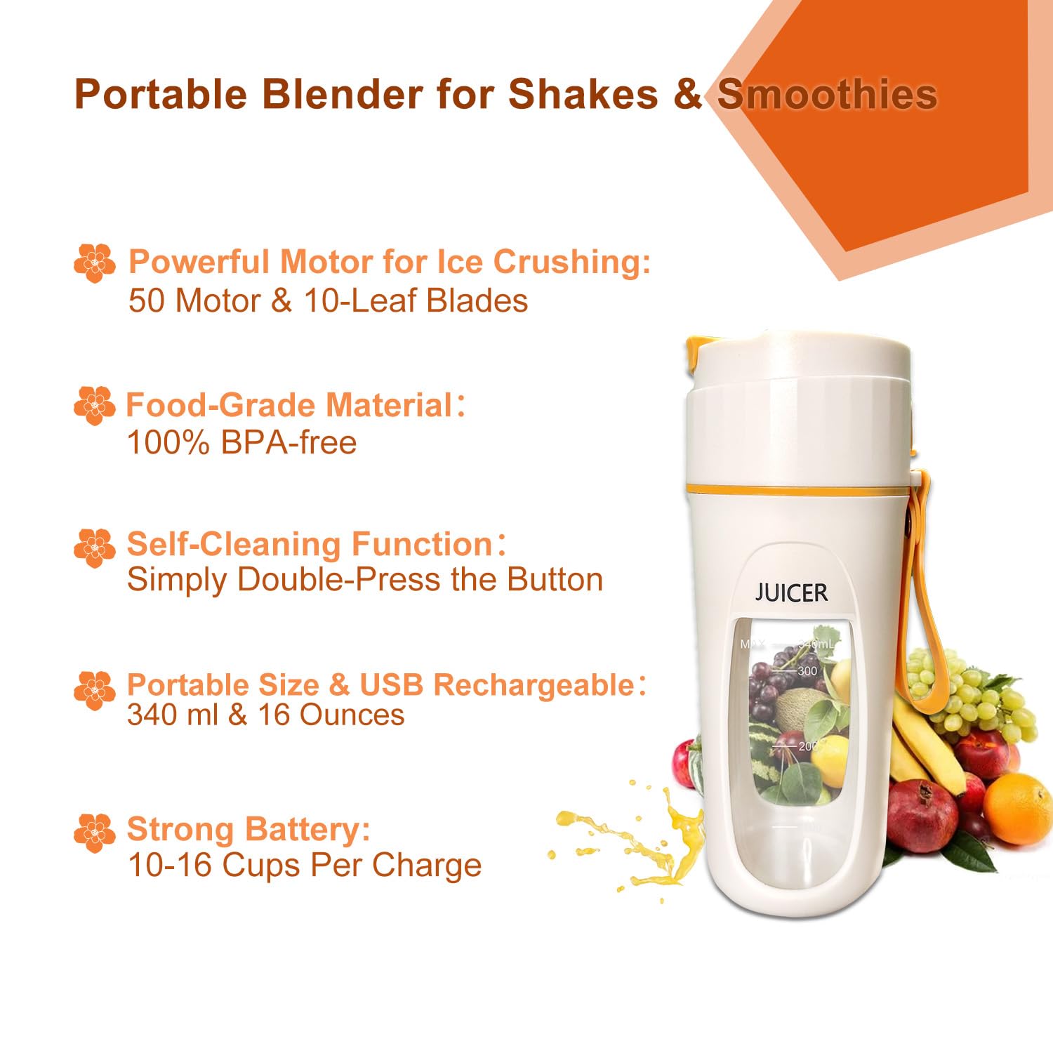 Smoothie Blender, Portable Personal Blender for Smoothies,16 oz Mini Blender Juicer with Straw, Type-C USB Rechargeable,10 Blades Juicer, Mini Fruit Juice Mixer, Office Picnic Travel (White)