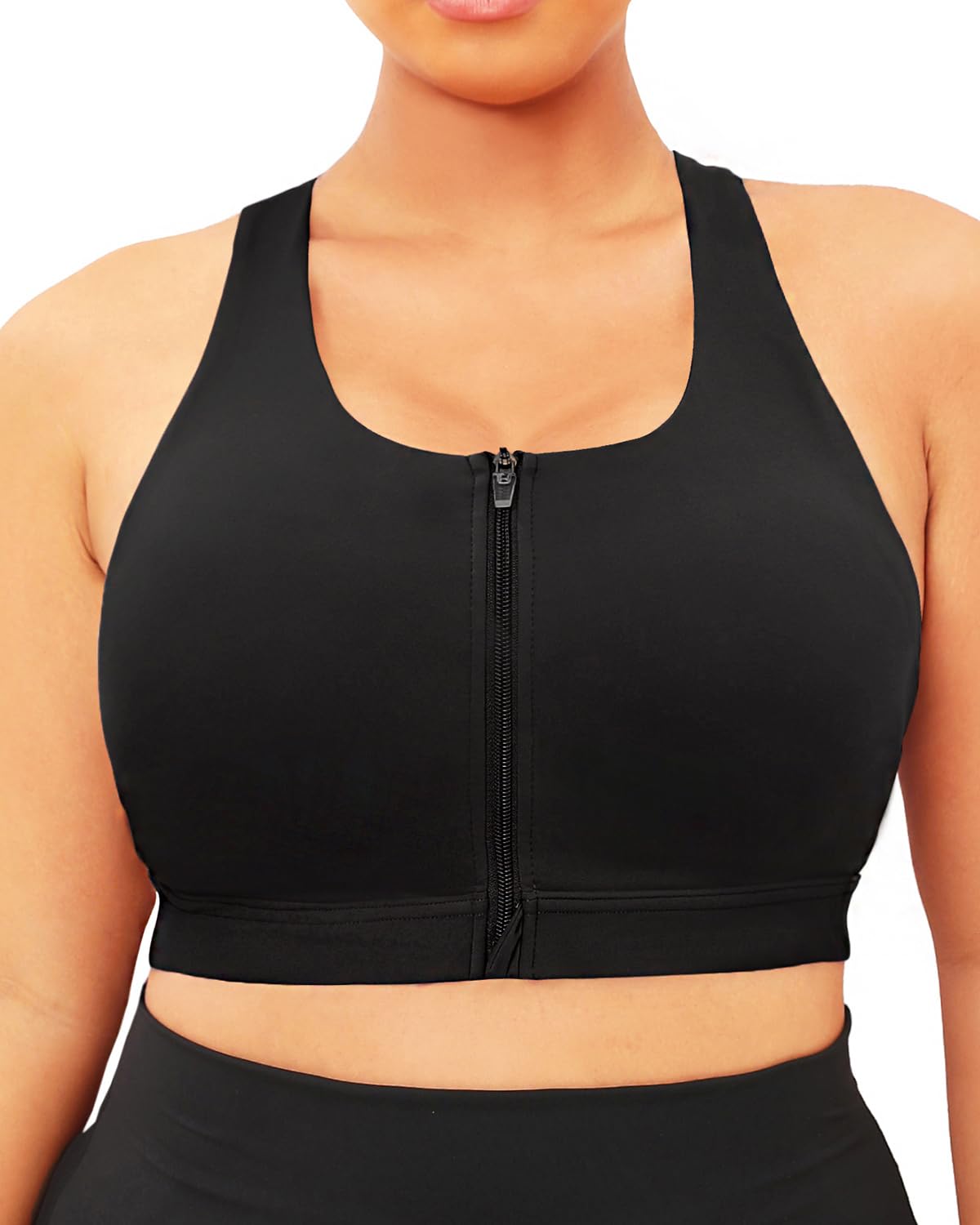 MARINAVIDA Plus Size Zipper Front Sports Bra High Impact Racerback Bras for Women Black Padded Workout Crop Tops 2X/3X/4X/5X