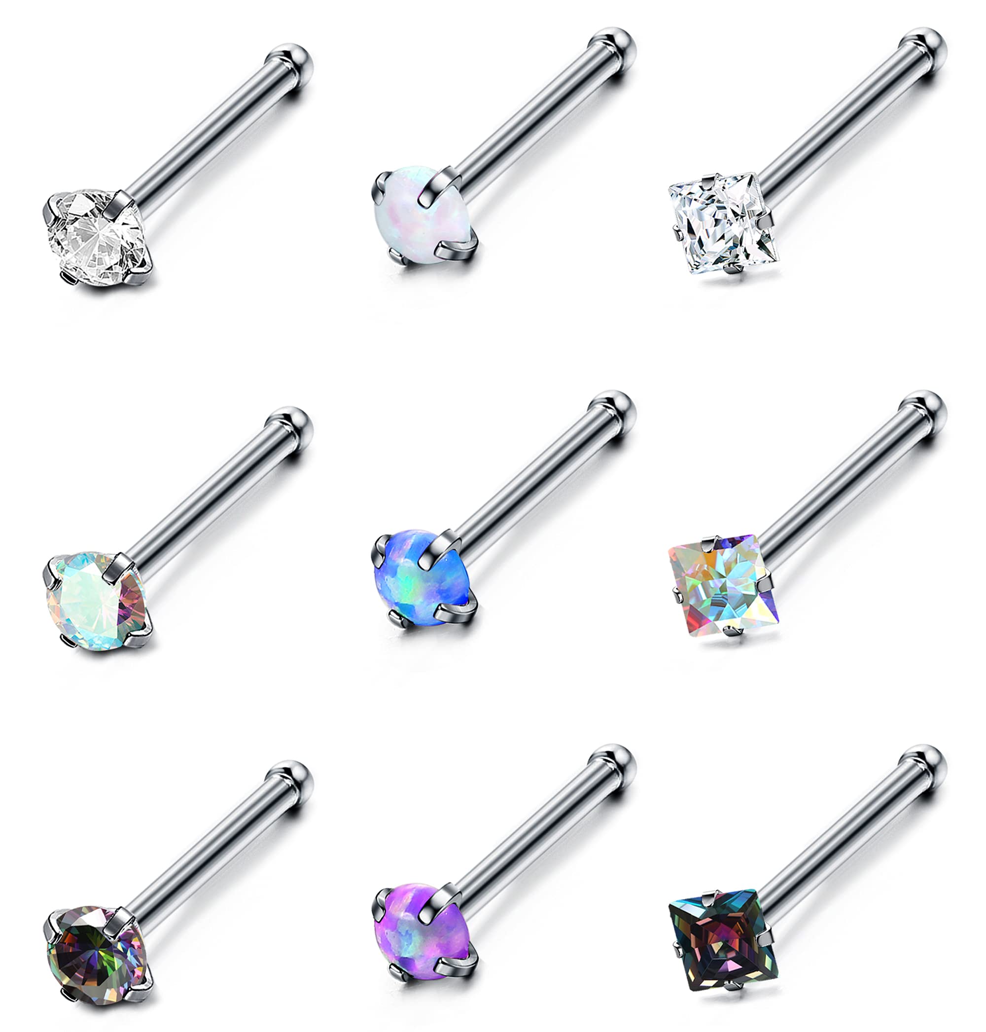 LOLIAS 20G Titanium Nose Ring Straight Nose Rings for Women Men 2mm Micro CZ Opal Nose Studs Nostrial Piercing Jewelry 9PCS