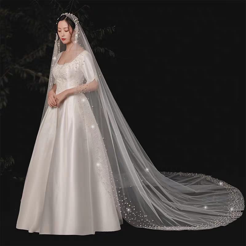 JHOO Women Pearl Edge Cathedral Length Wedding Bridal Veil with Comb 118'' (Off White)