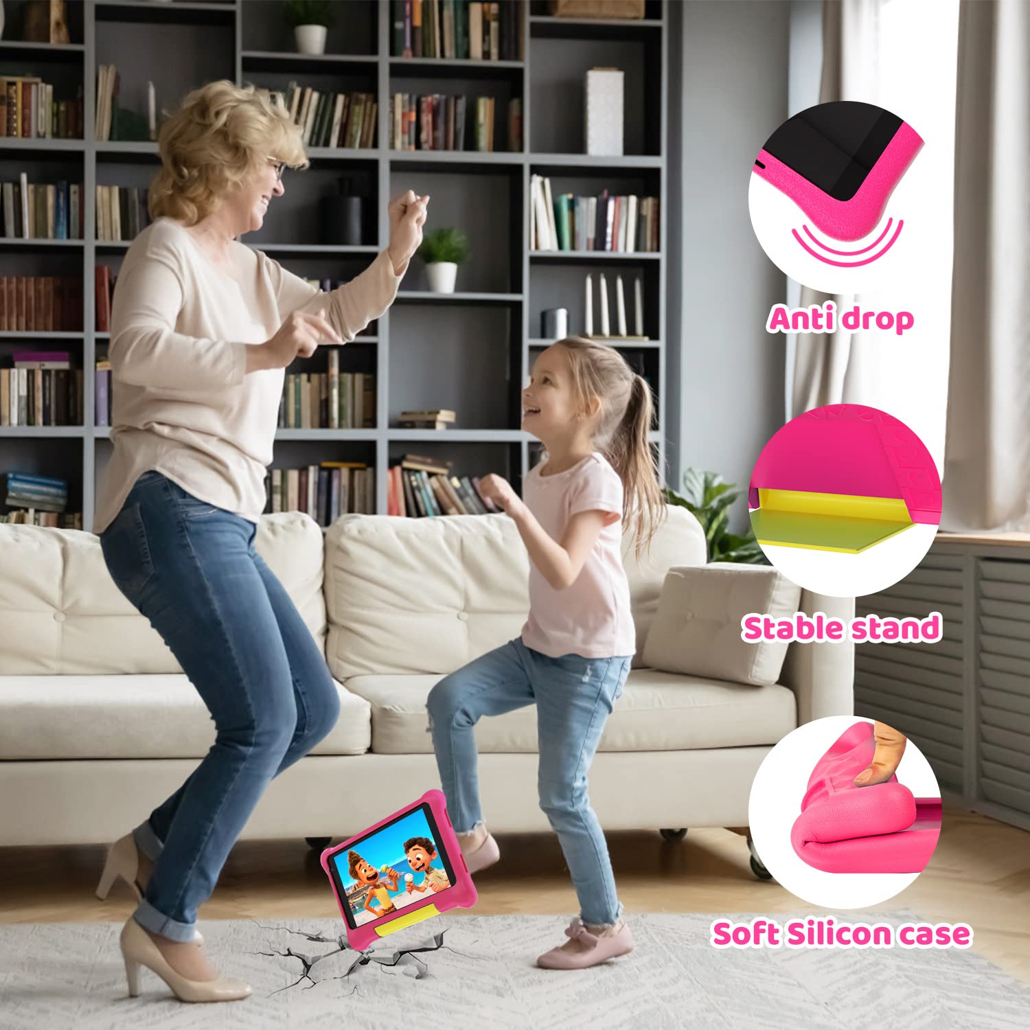 HiGrace Tablet for Kids, 7 inch Android 12 Kids Tablet 2GB RAM + 32GB ROM, HD Display, Quad Core, 128GB Expansion, Dual Camera, Wi-Fi Tablet for Children (Pink)