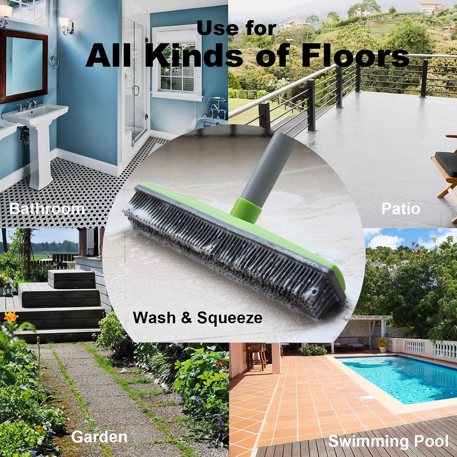 Push Broom Long Handle Rubber Bristles Sweeper Squeegee Edge 59 inches Non Scratch Bristle Broom and Push Broom Stiff Indoor Outdoor Rough Surface Floor Scrub Brush 17.7 inches Wide 61.8 inches