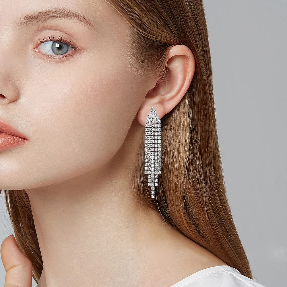 Mlouye Silver Tone Clear Rhinestone Chandelier Dangle Earrings for Women, Triangle Dangling Fringe Crystals Pierced Earring for Prom Party Jewelry