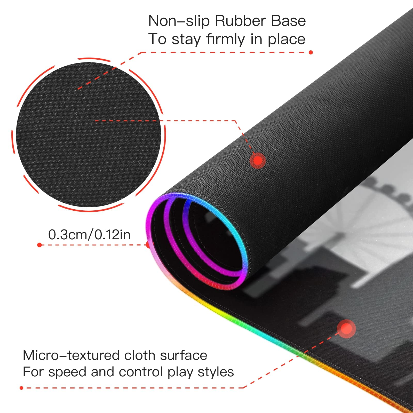 Large RGB Gaming Mouse Pad Dubai City Skyline Silhouette Glowing Extended Mousepad 31.5x11.8in, Soft Anti-Slip Rubber Base Luminous Mouse Mat for Pc Laptop, Gaming, Office, Home