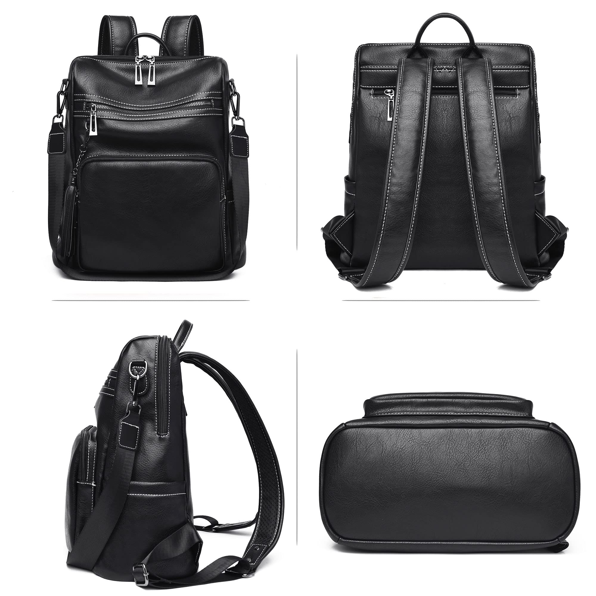 Mistour Backpack Purse for Women Leather Convertible Fashion Travel Womens Purse Backpack with Padded Shoulder Strap (Black)