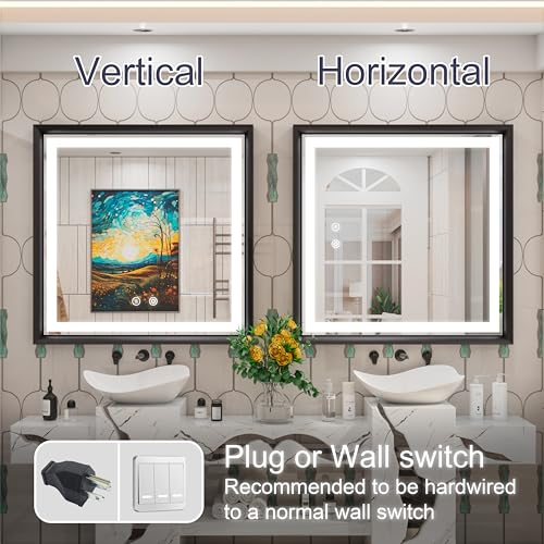 JSneijder 32x32 Inch LED Bathroom Mirror with Lights - Black Frame Lighted Mirror for Bathroom - Wall Mounted Dimmable Anti-Fog LED Vanity Mirror - Horizontal/Vertical, 6000K