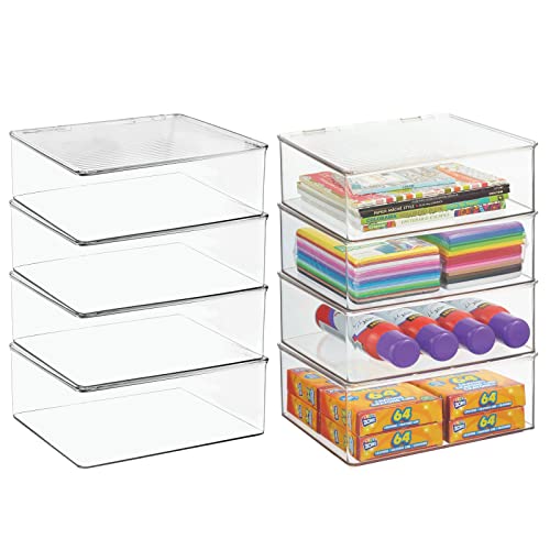 mDesign Plastic Craft Room Stackable Storage Organizer Box Containers with Hinged Lid for Thread, Beads, Ribbon, Glitter, Clay, Sewing, Crochet, Stamps, Scissors, Ligne Collection - 8 Pack - Clear